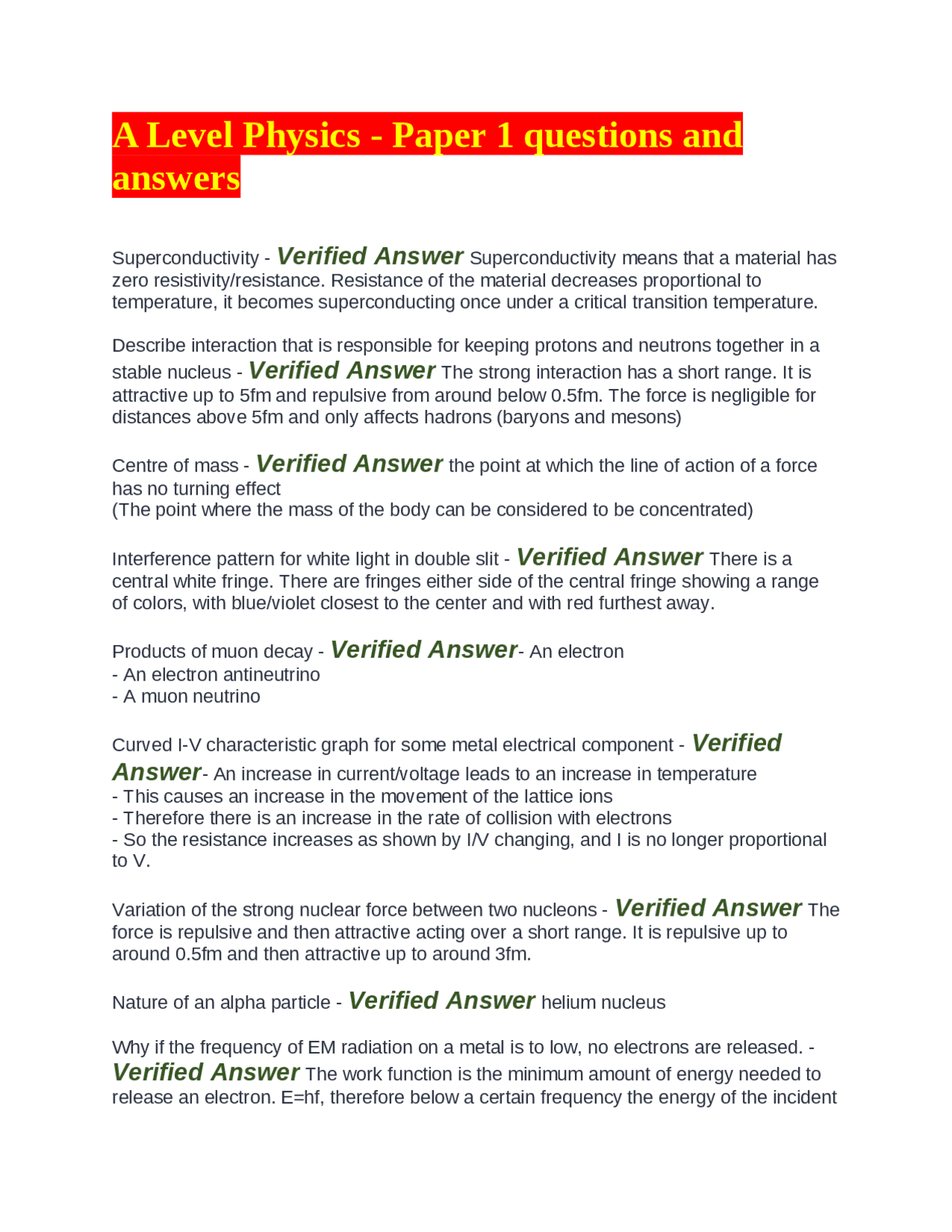 A Level Physics - Paper 1 questions and answers | Exams Physics | Docsity