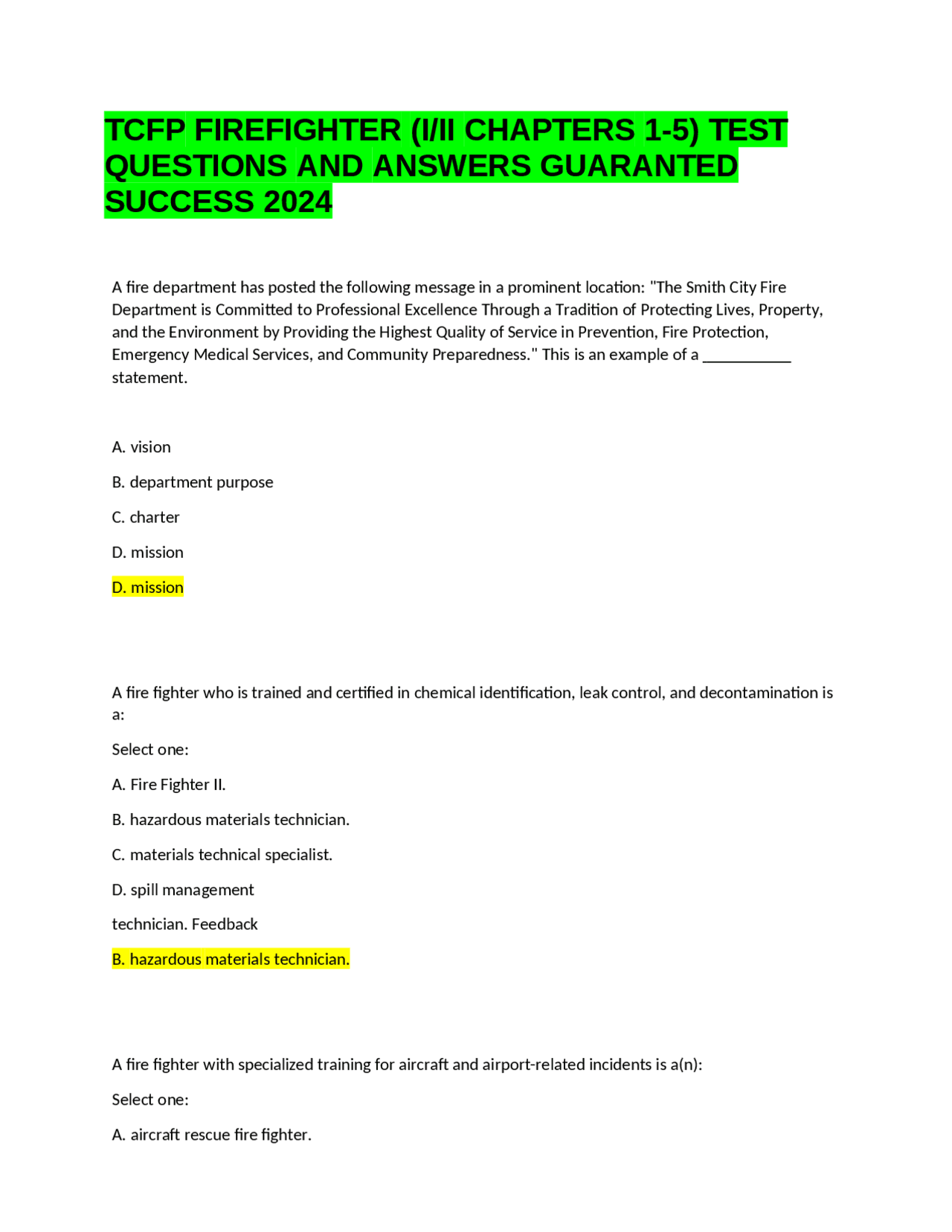 TCFP FIREFIGHTER (I/II CHAPTERS 1-5) TEST QUESTIONS AND ANSWERS ...