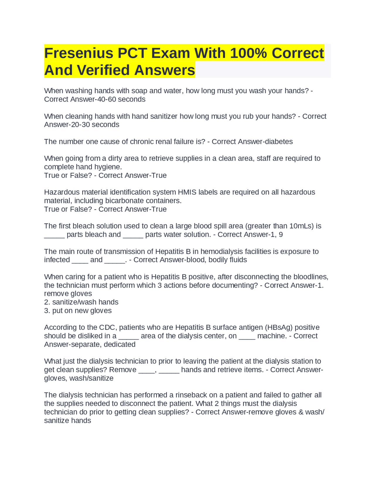 Fresenius PCT Exam With 100% Correct And Verified Answers | Exams ...