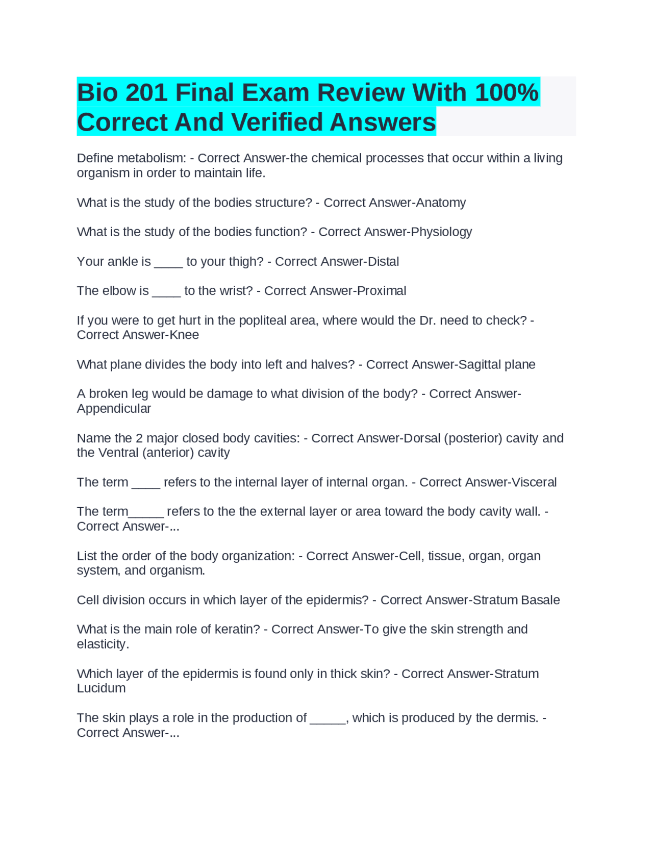 Bio 201 Final Exam Review With 100% Correct And Verified Answers ...