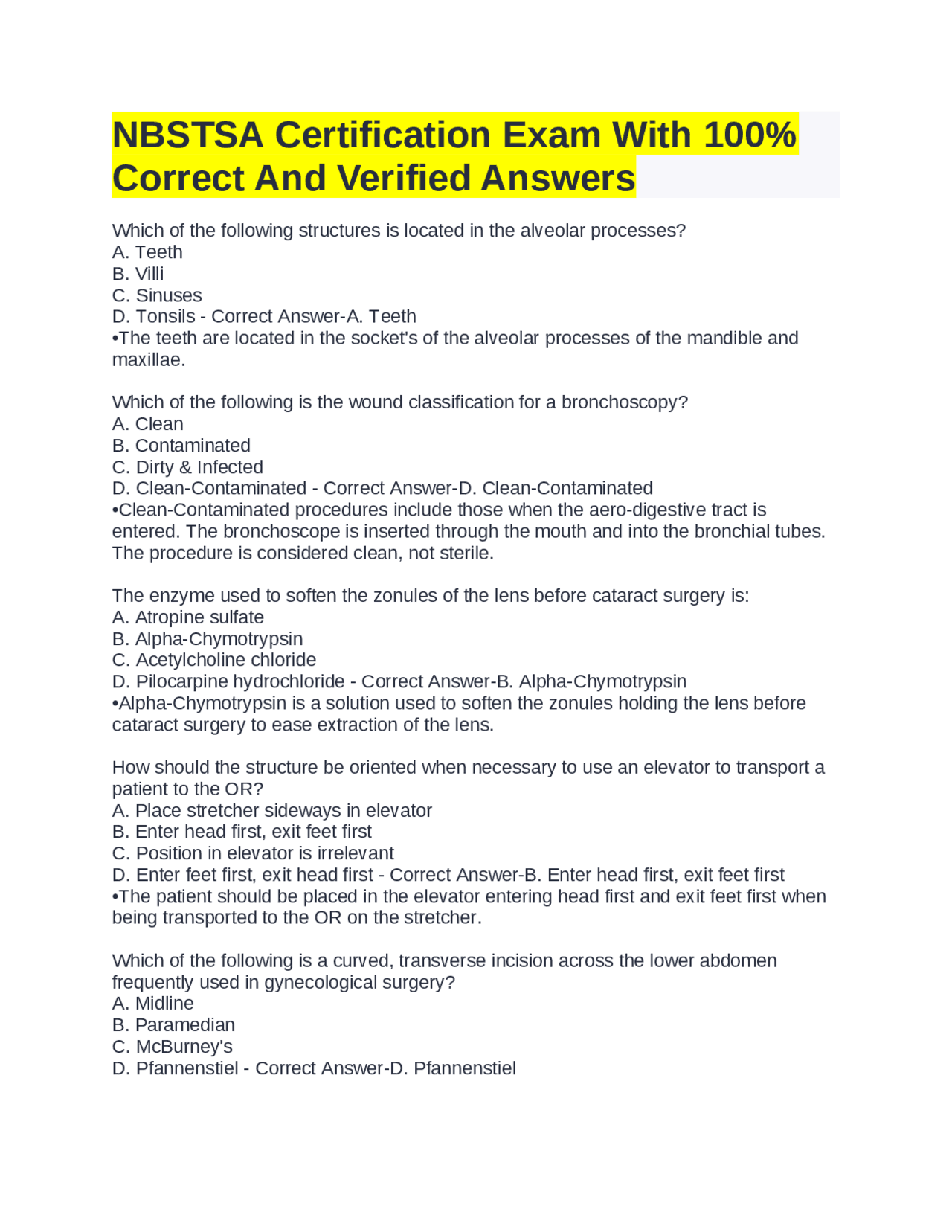 NBSTSA Certification Exam With 100% Correct And Verified Answers ...