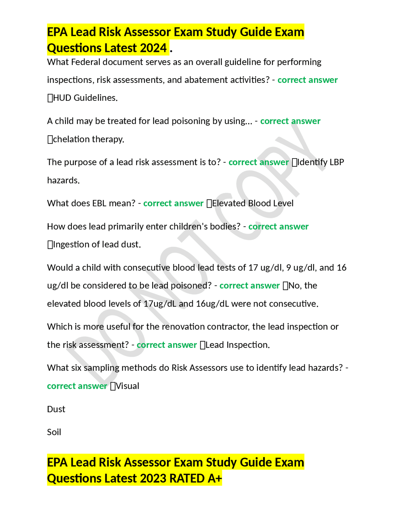 EPA Lead Risk Assessor Exam Study Guide Exam Questions Latest 2024 ...