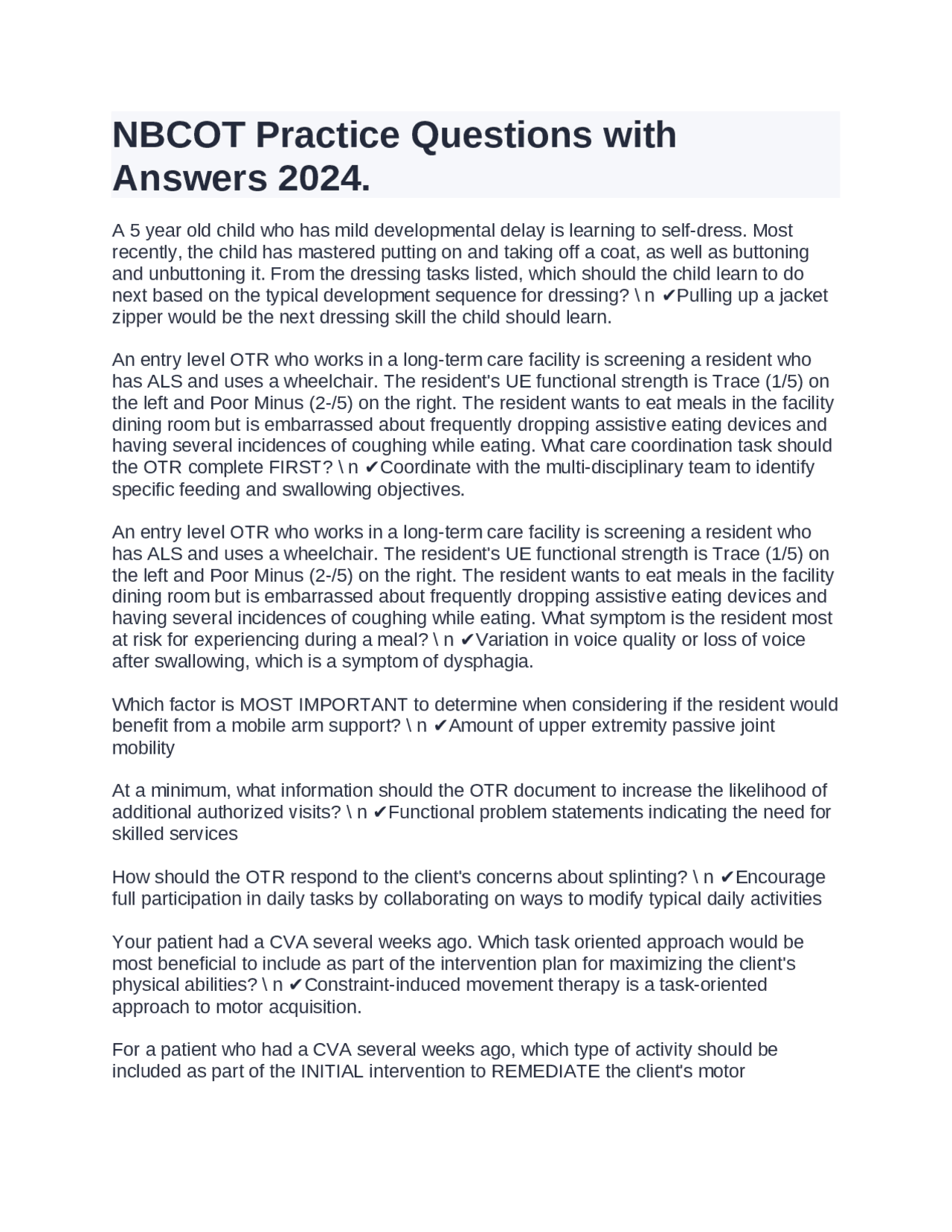 Nbcot Exam Otr Practice Test Questions Answers Page 1