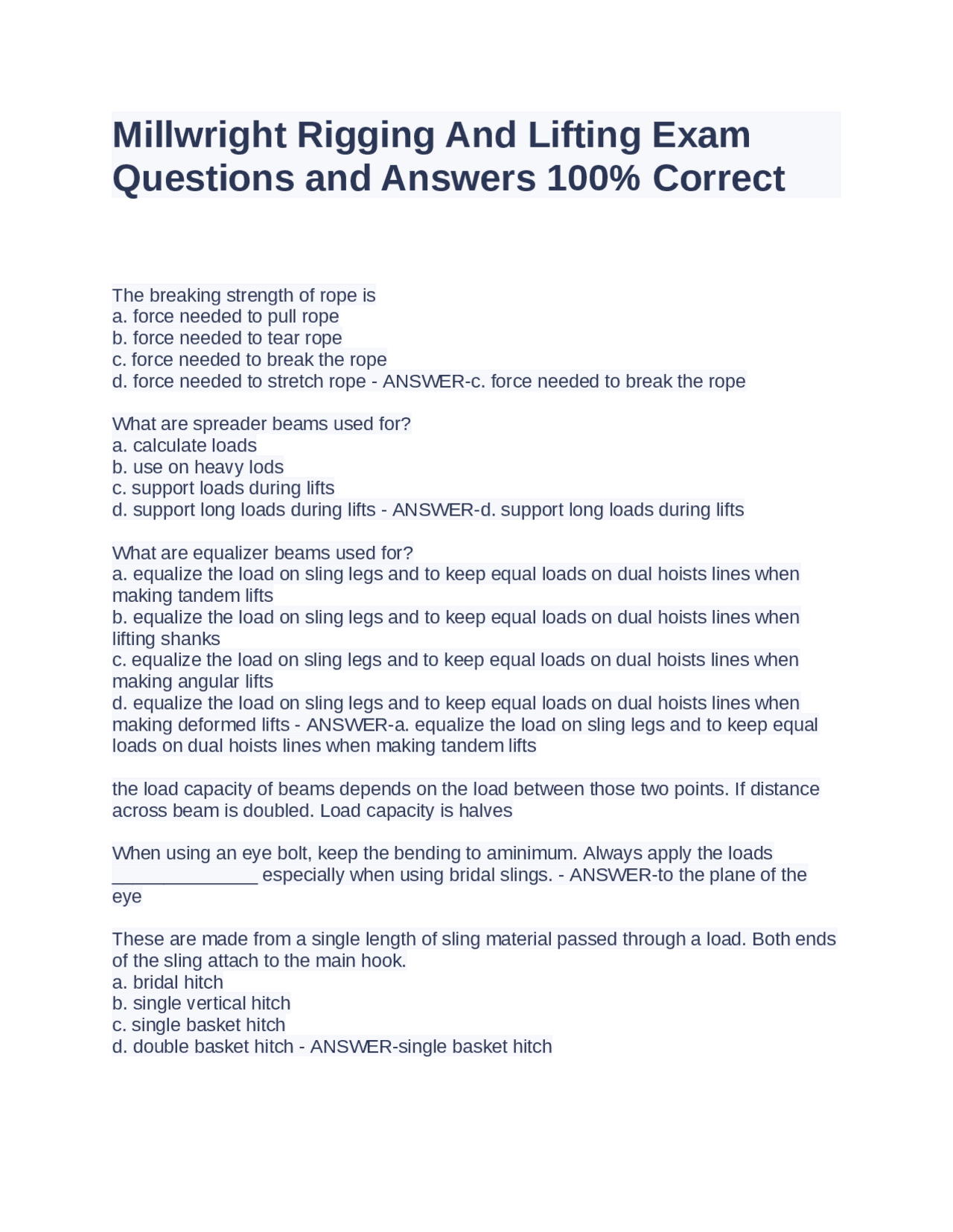 Millwright Rigging And Lifting Exam Questions and Answers 100% Correct ...
