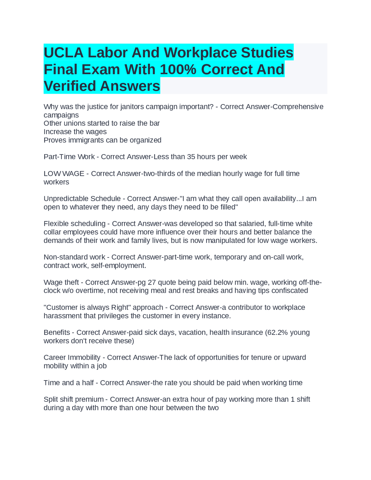 UCLA Labor And Workplace Studies Final Exam With 100% Correct And ...