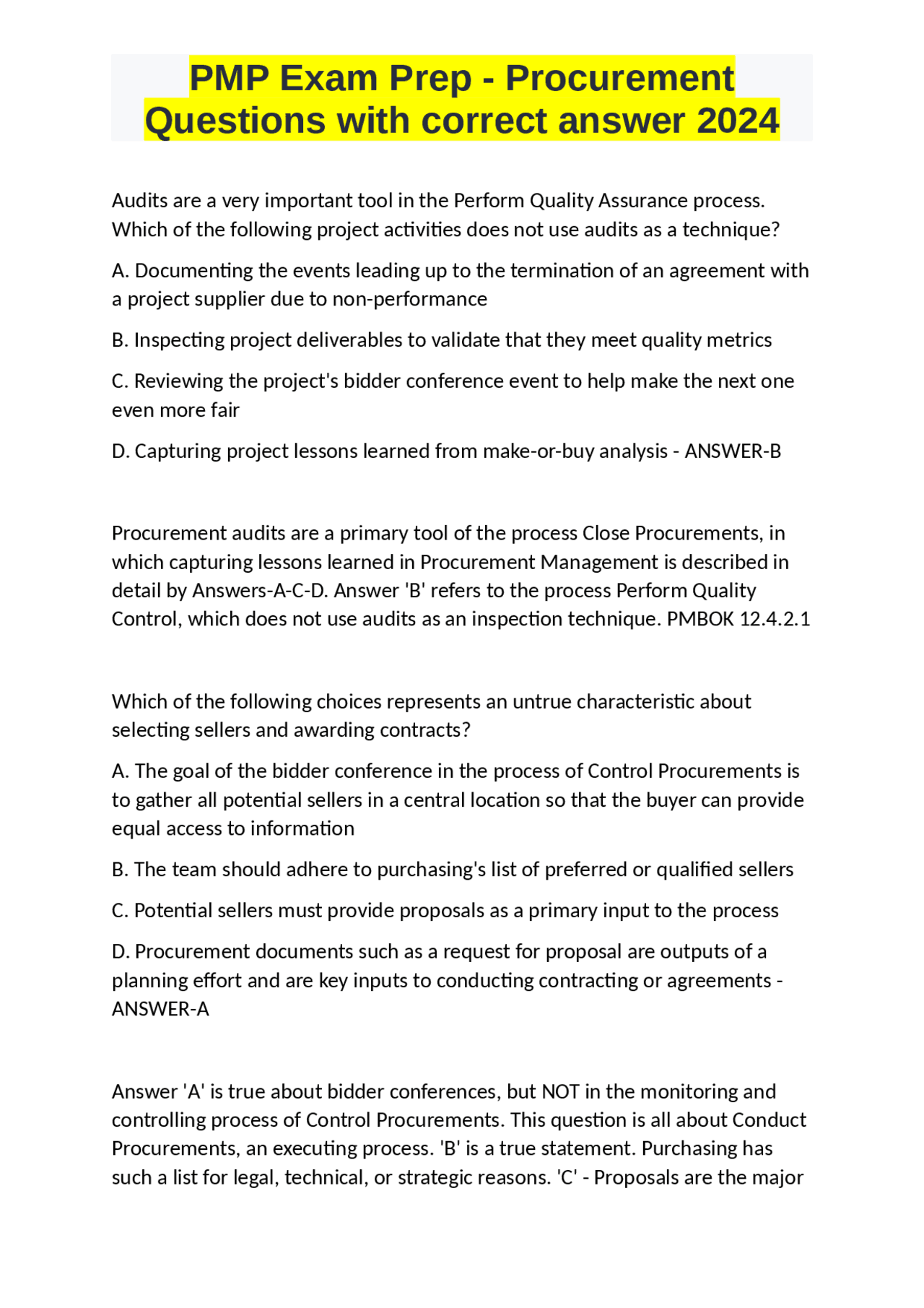 PMP Exam Prep - Procurement Questions with correct answers 2024 | Exams ...