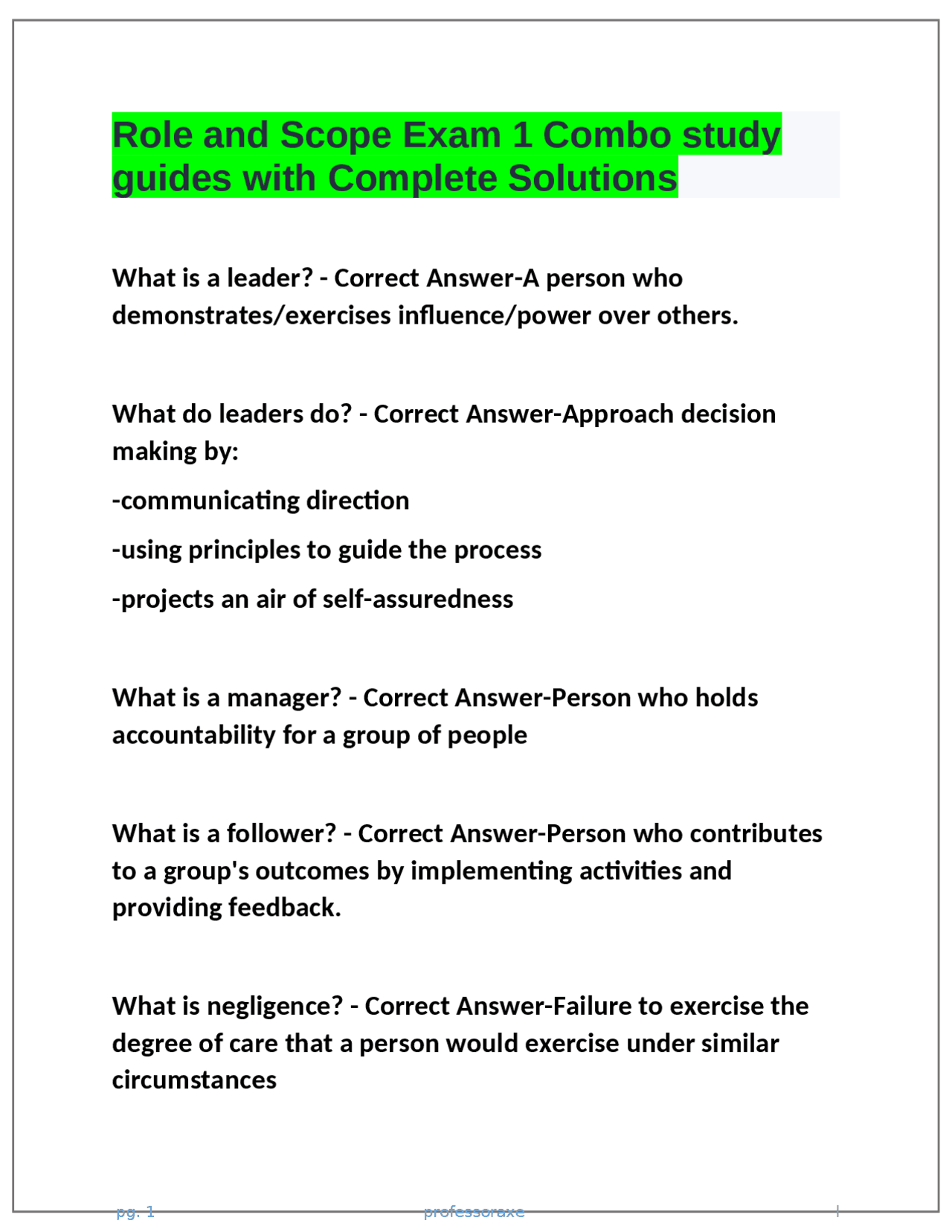 Role and Scope Exam 1 Combo study guides with Complete Solutions ...