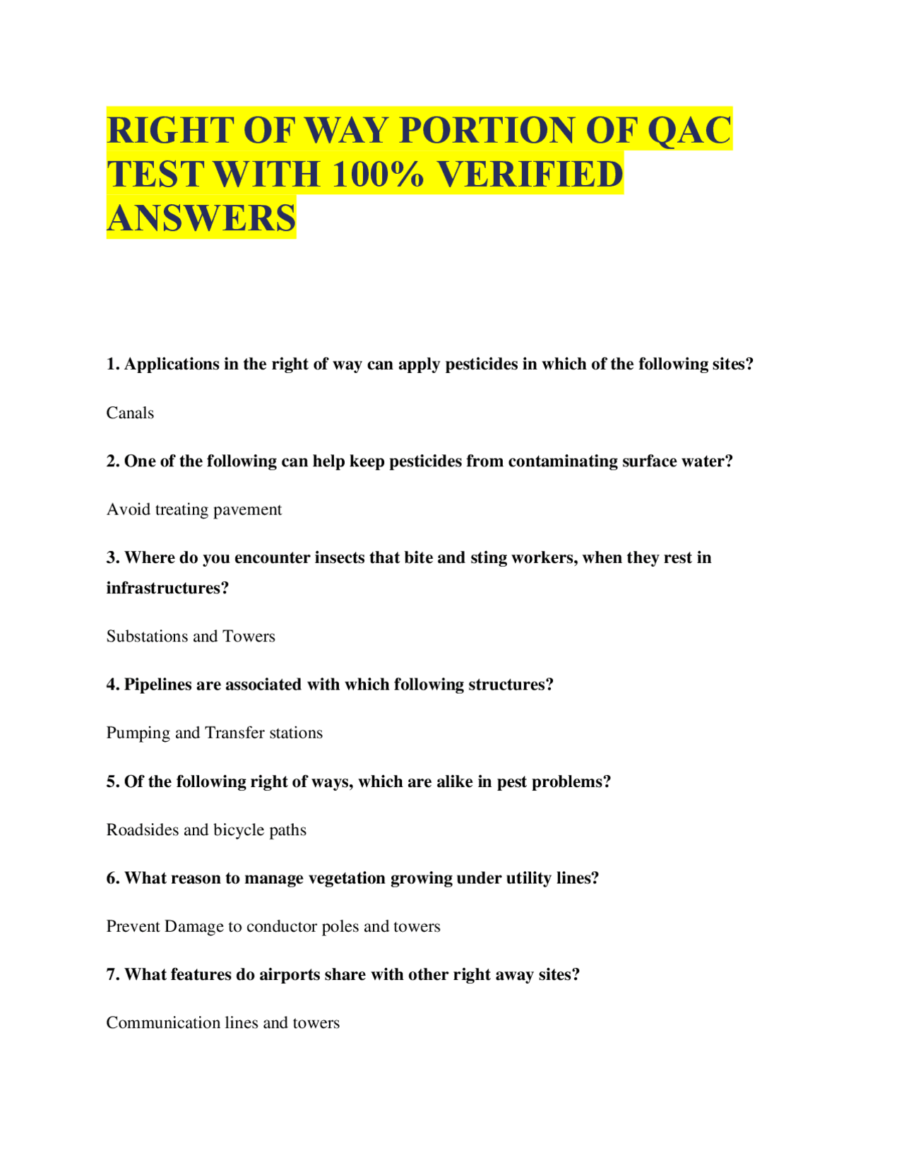 RIGHT OF WAY PORTION OF QAC TEST WITH 100% VERIFIED ANSWERS | Exams ...