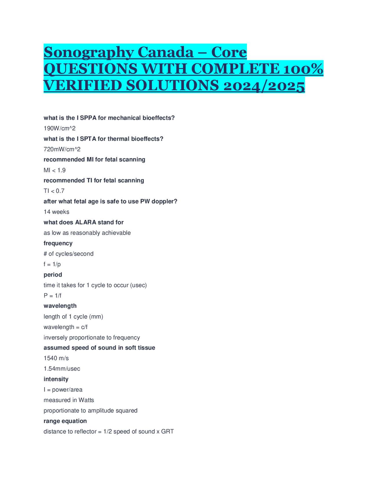 Sonography Canada – Core QUESTIONS WITH COMPLETE 100% VERIFIED ...