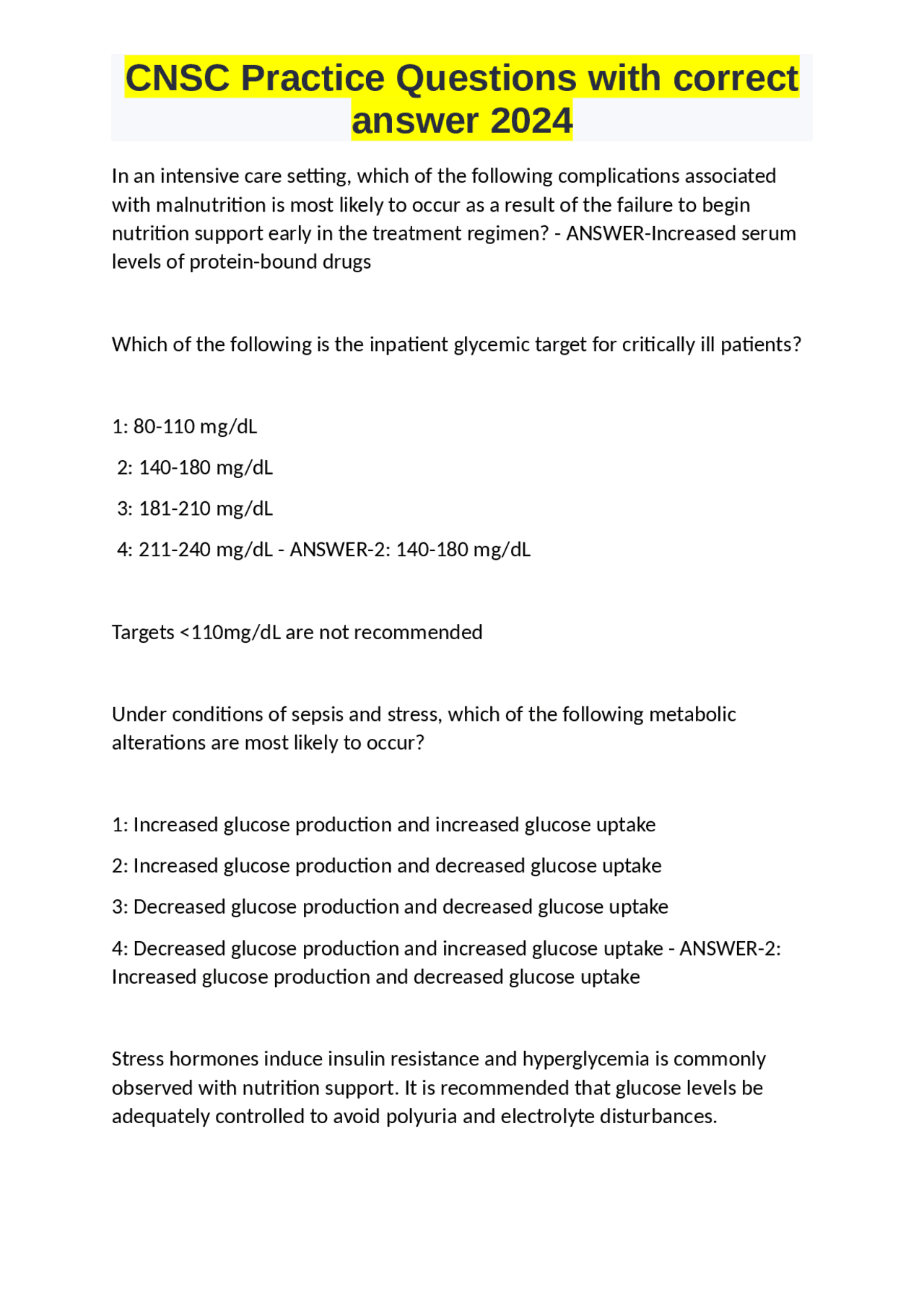 CNSC Practice Questions with correct answer 2024 | Exams Nutrition ...