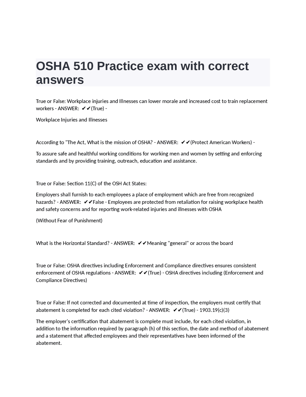 OSHA 510 Practice exam with correct answers | Exams Nursing | Docsity