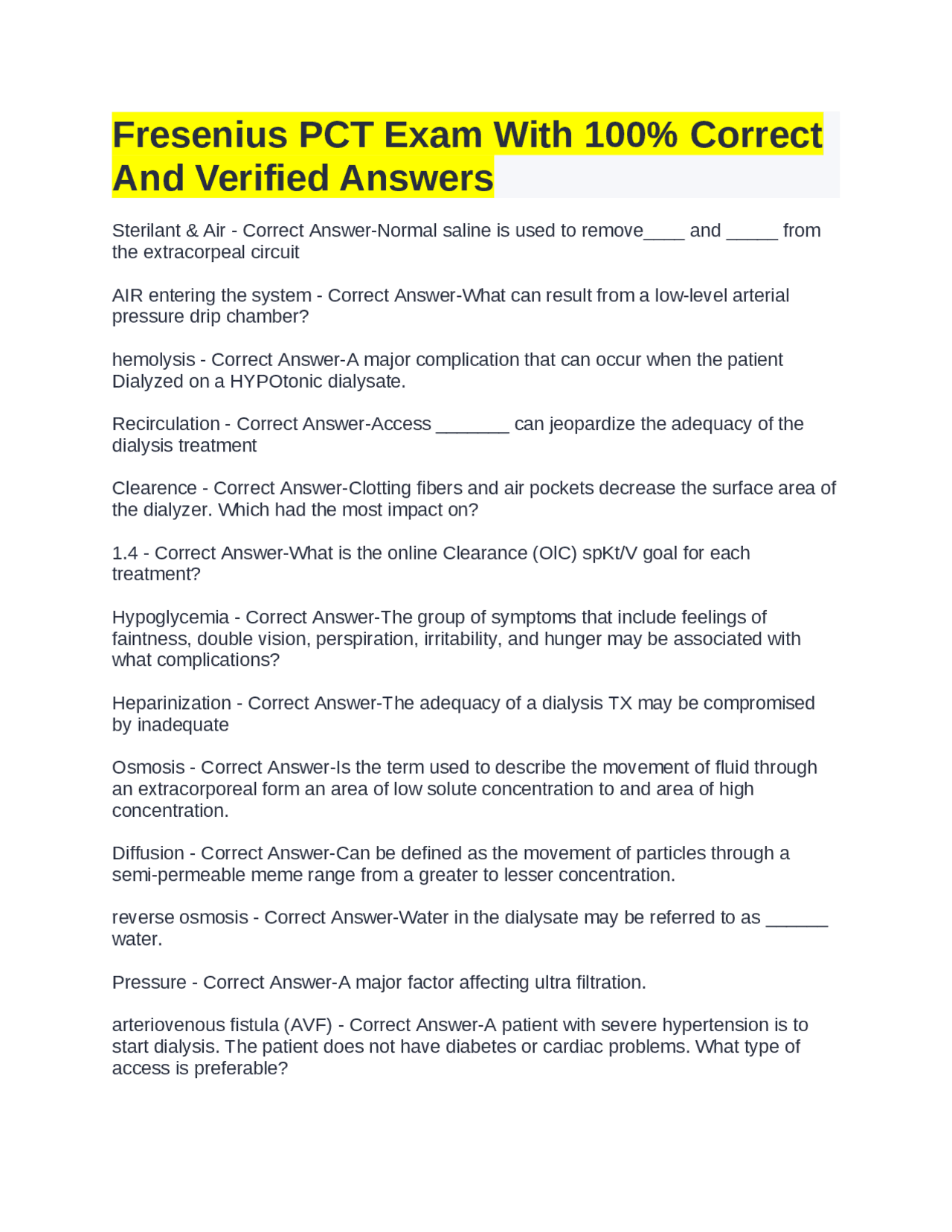 Fresenius PCT Exam With 100% Correct And Verified Answers | Exams ...