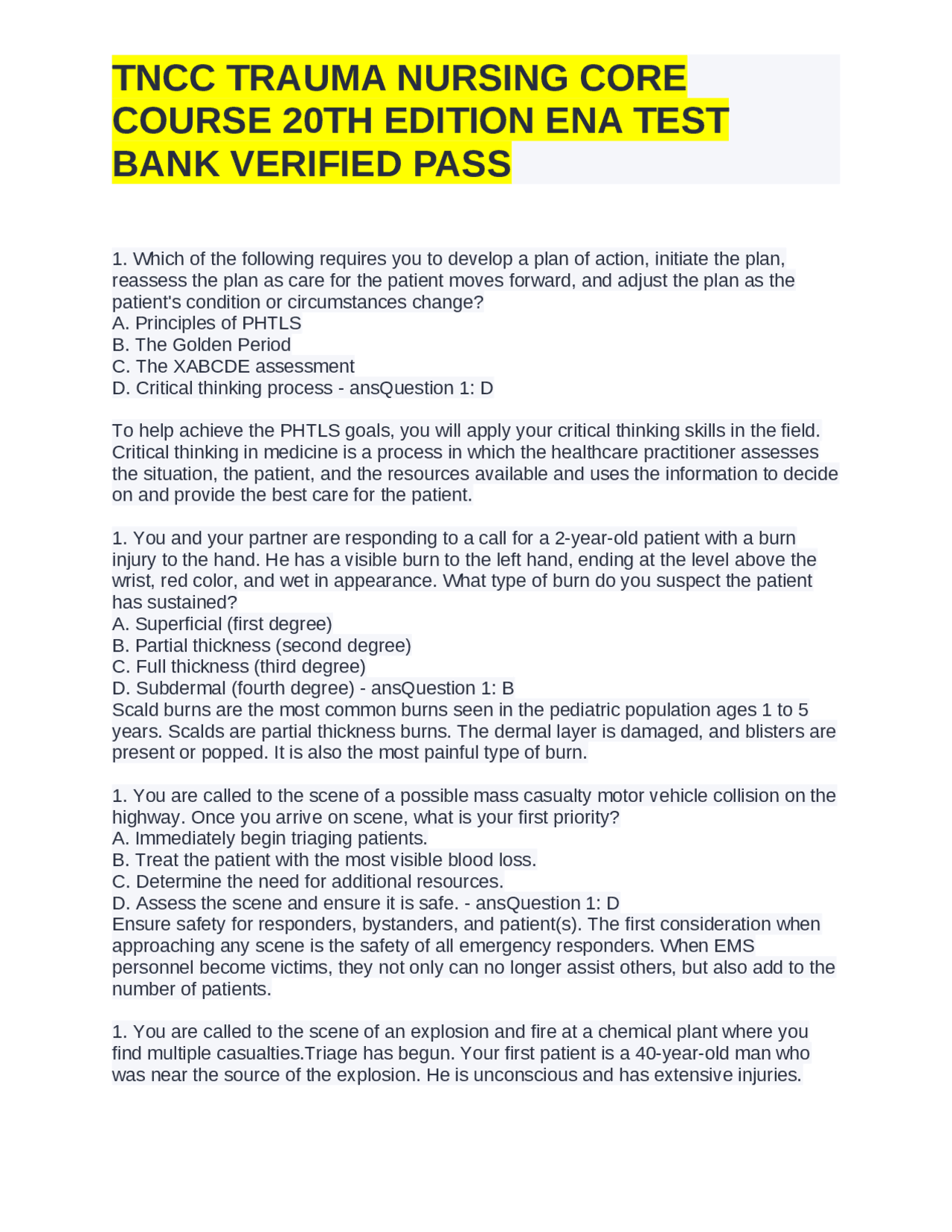 TNCC TRAUMA NURSING CORE COURSE 20TH EDITION ENA TEST BANK VERIFIED ...
