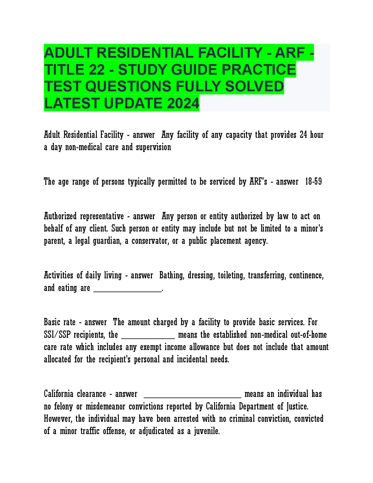 ADULT RESIDENTIAL FACILITY - ARF - TITLE 22 - STUDY GUIDE QUESTIONS ...