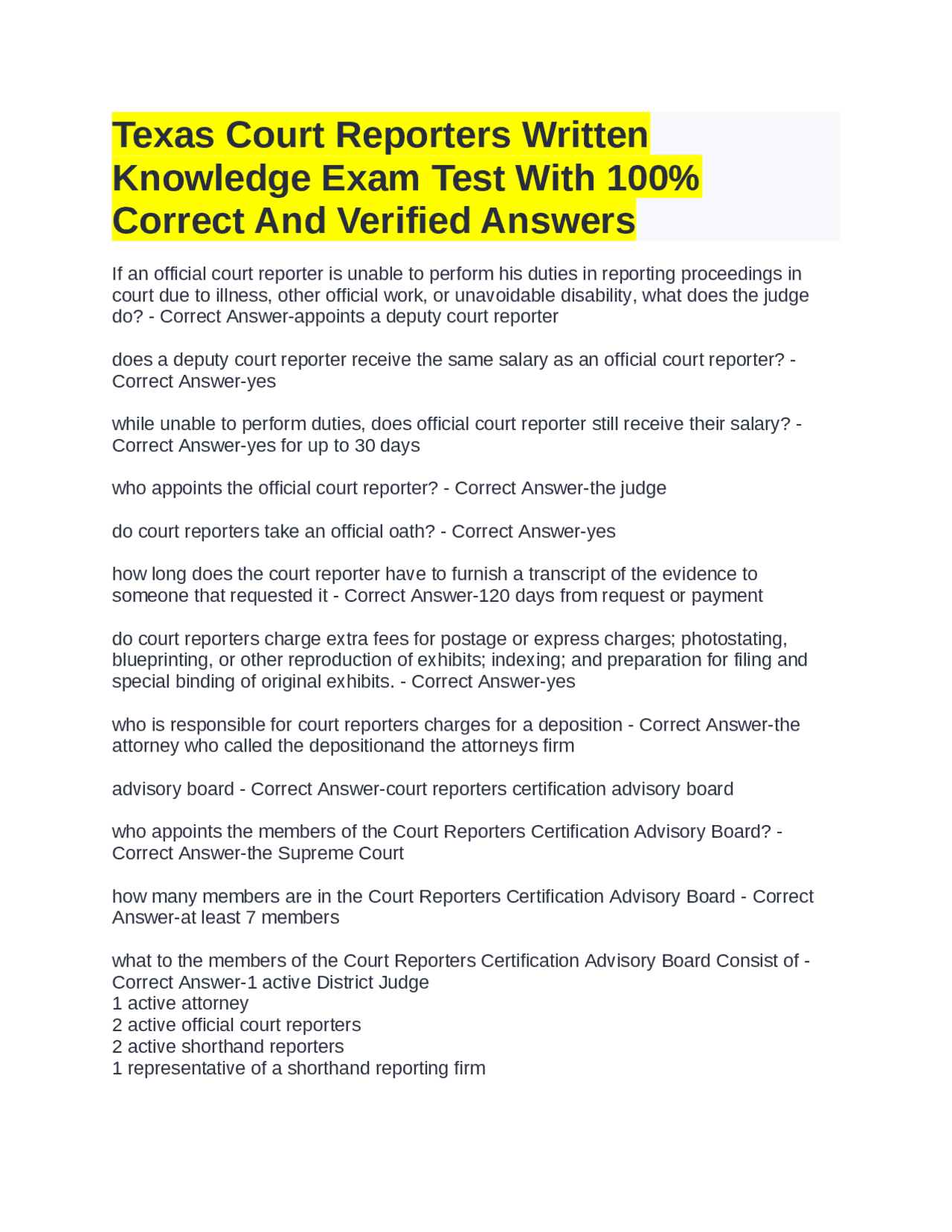 Texas Court Reporters Written Knowledge Exam Test With 100% Correct And ...