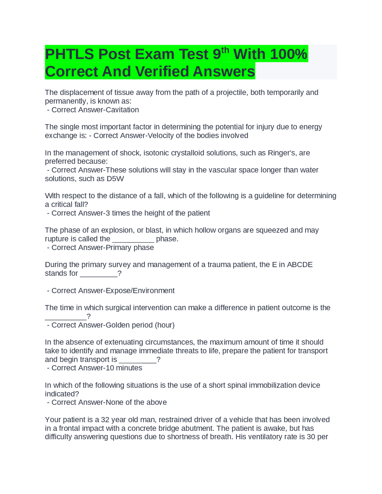 PHTLS Post Exam Test 9th With 100% Correct And Verified Answers | Exams ...