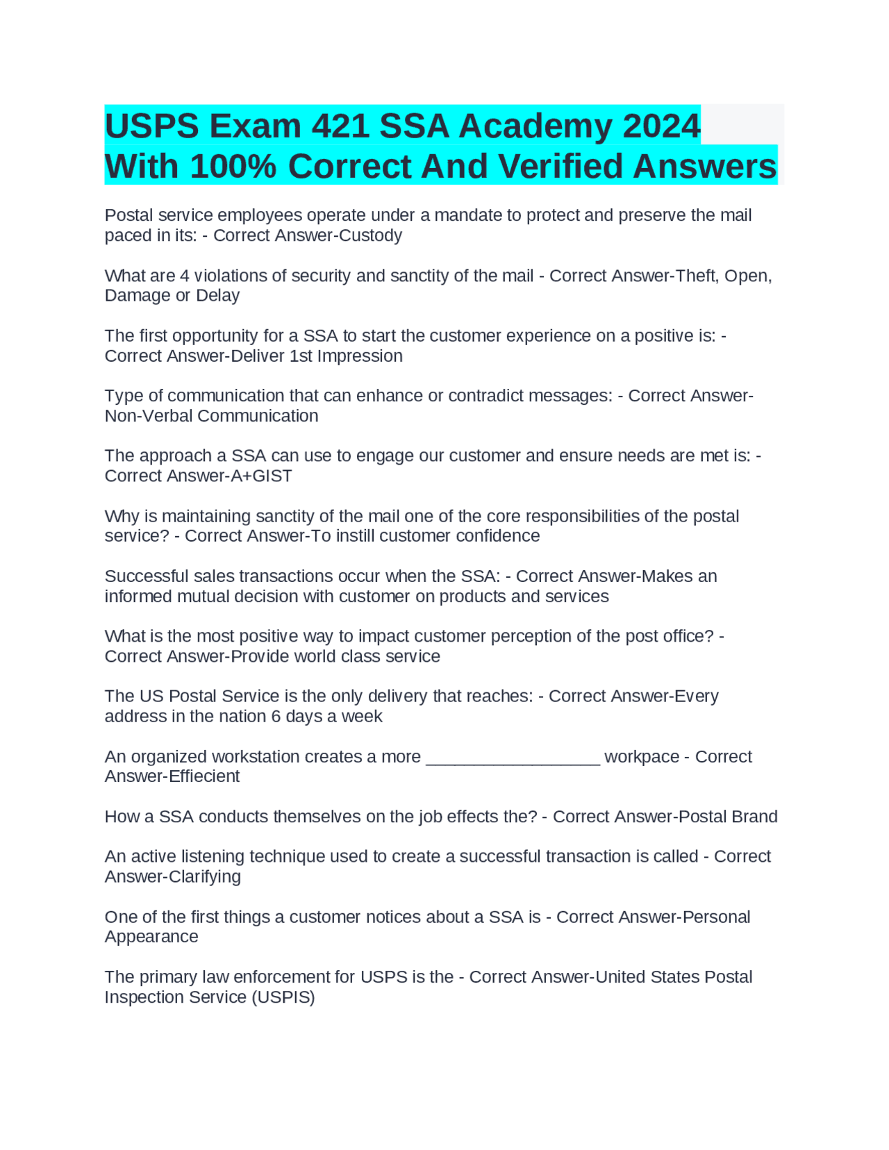 USPS Exam 421 SSA Academy 2024 With 100% Correct And Verified Answers ...