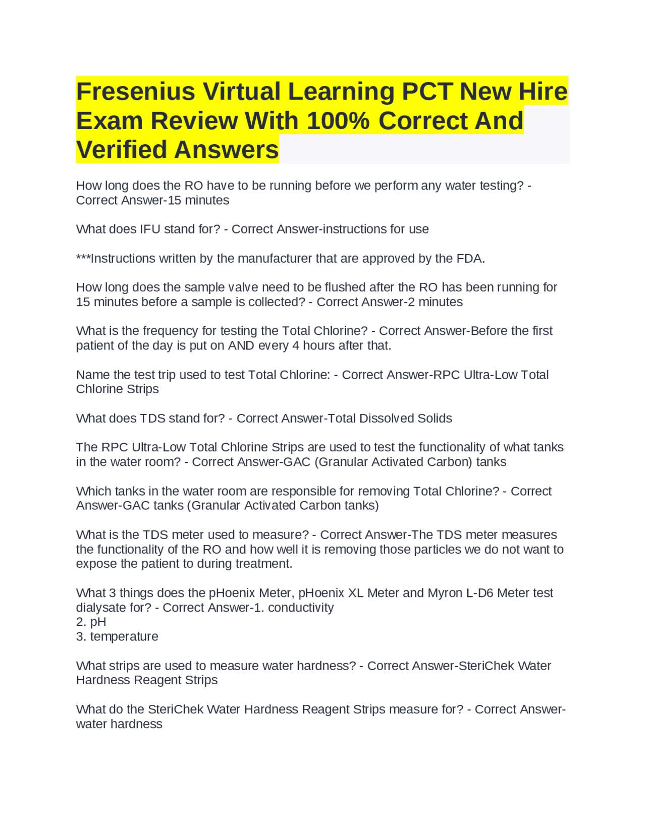 Fresenius Virtual Learning PCT New Hire Exam Review With 100% Correct ...
