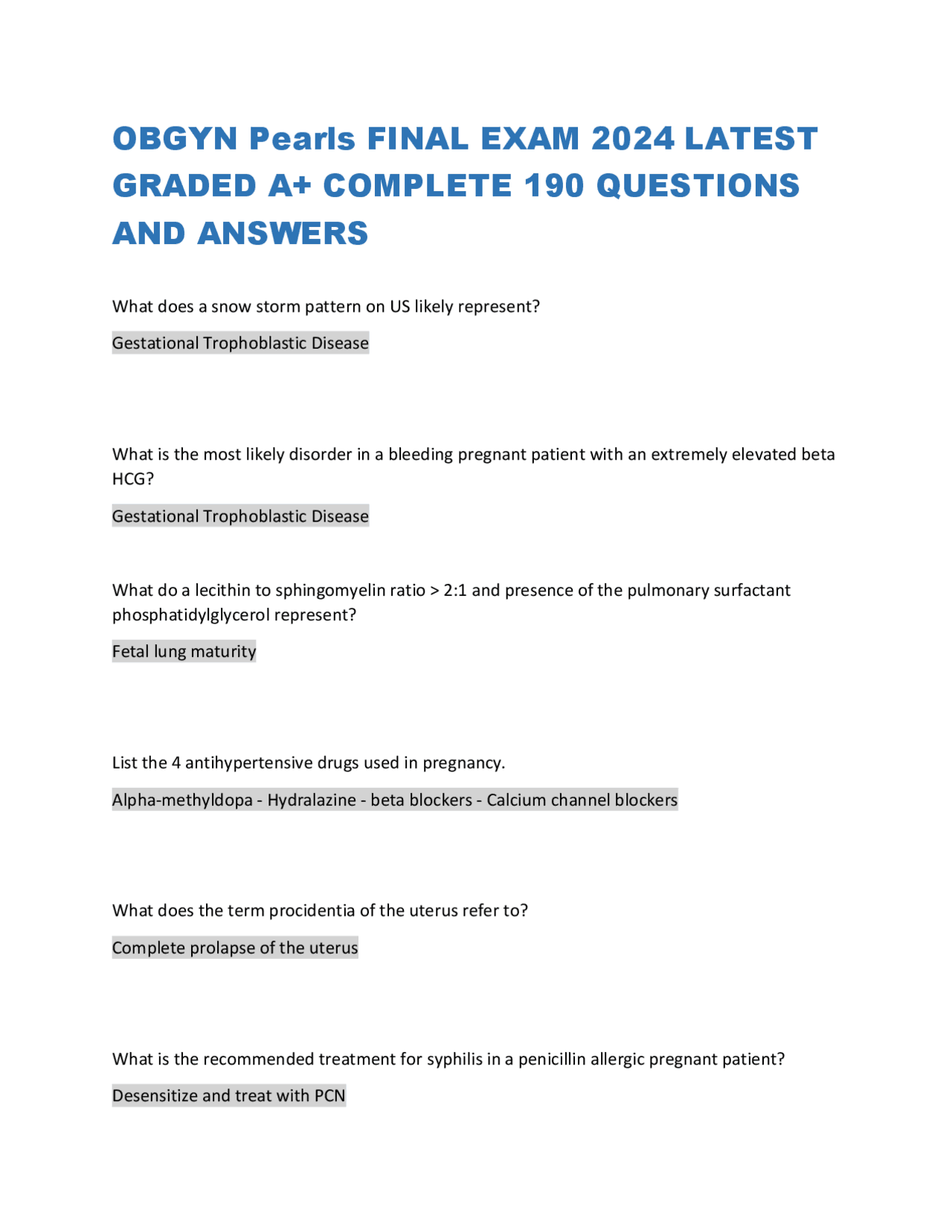 OBGYN Pearls FINAL EXAM 2024 LATEST GRADED A+ COMPLETE 190 QUESTIONS ...
