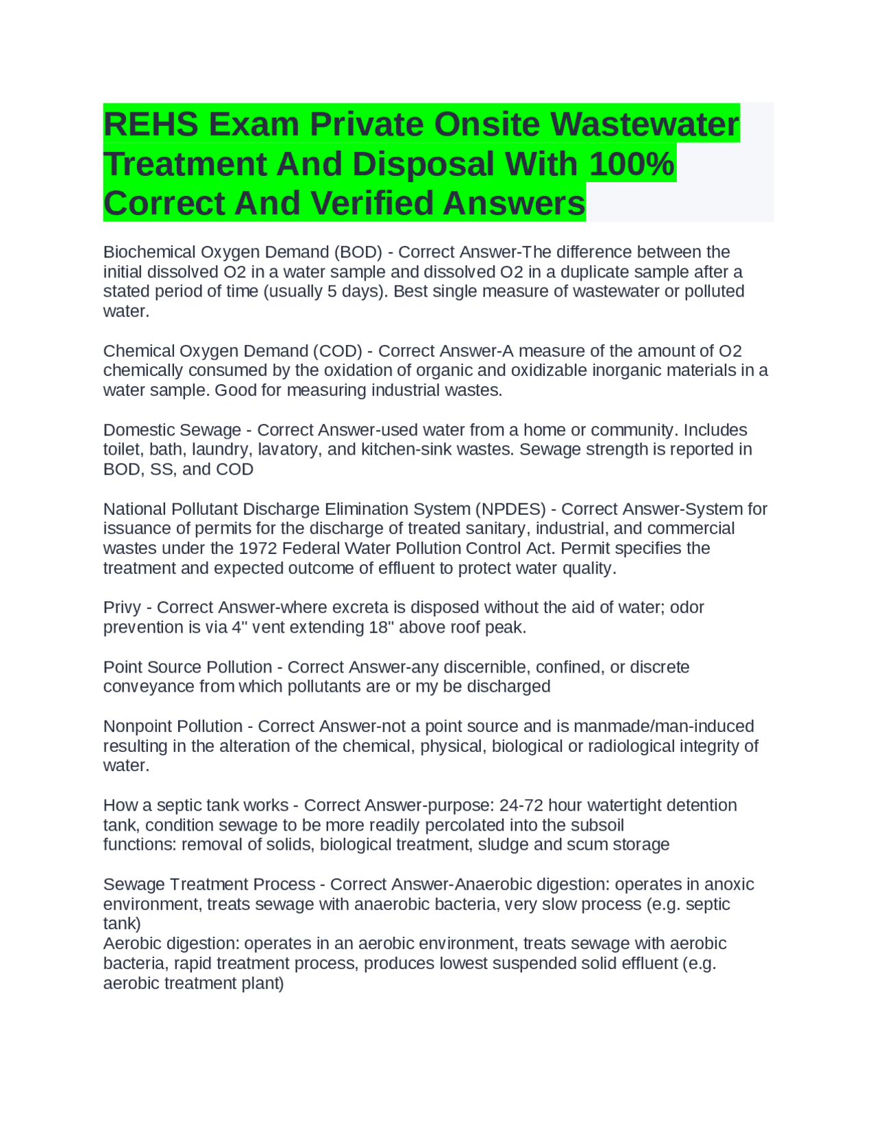 REHS Exam Study Questions With 100% Complete Solution | Exams Advanced ...