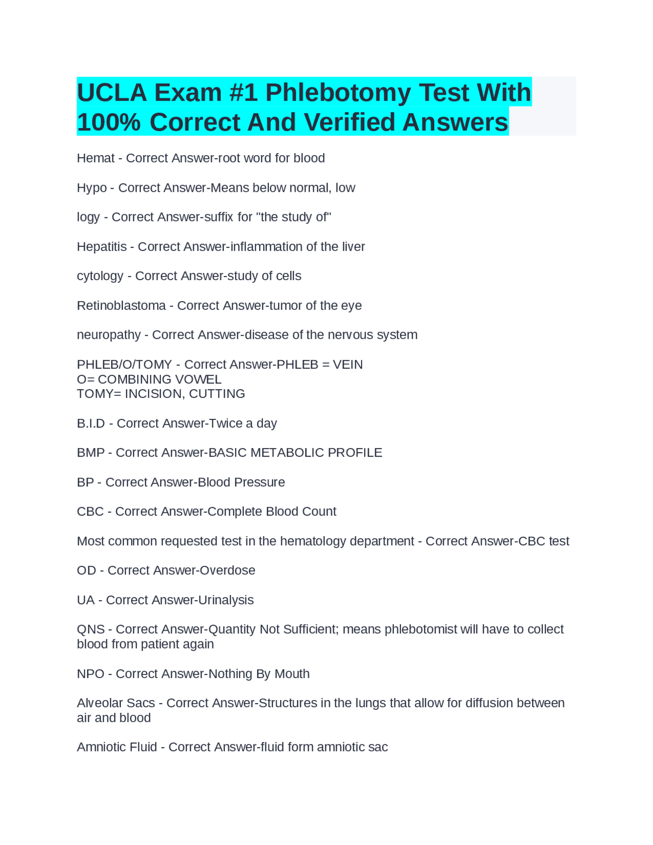 UCLA Exam #1 Phlebotomy Test With 100% Correct And Verified Answers ...