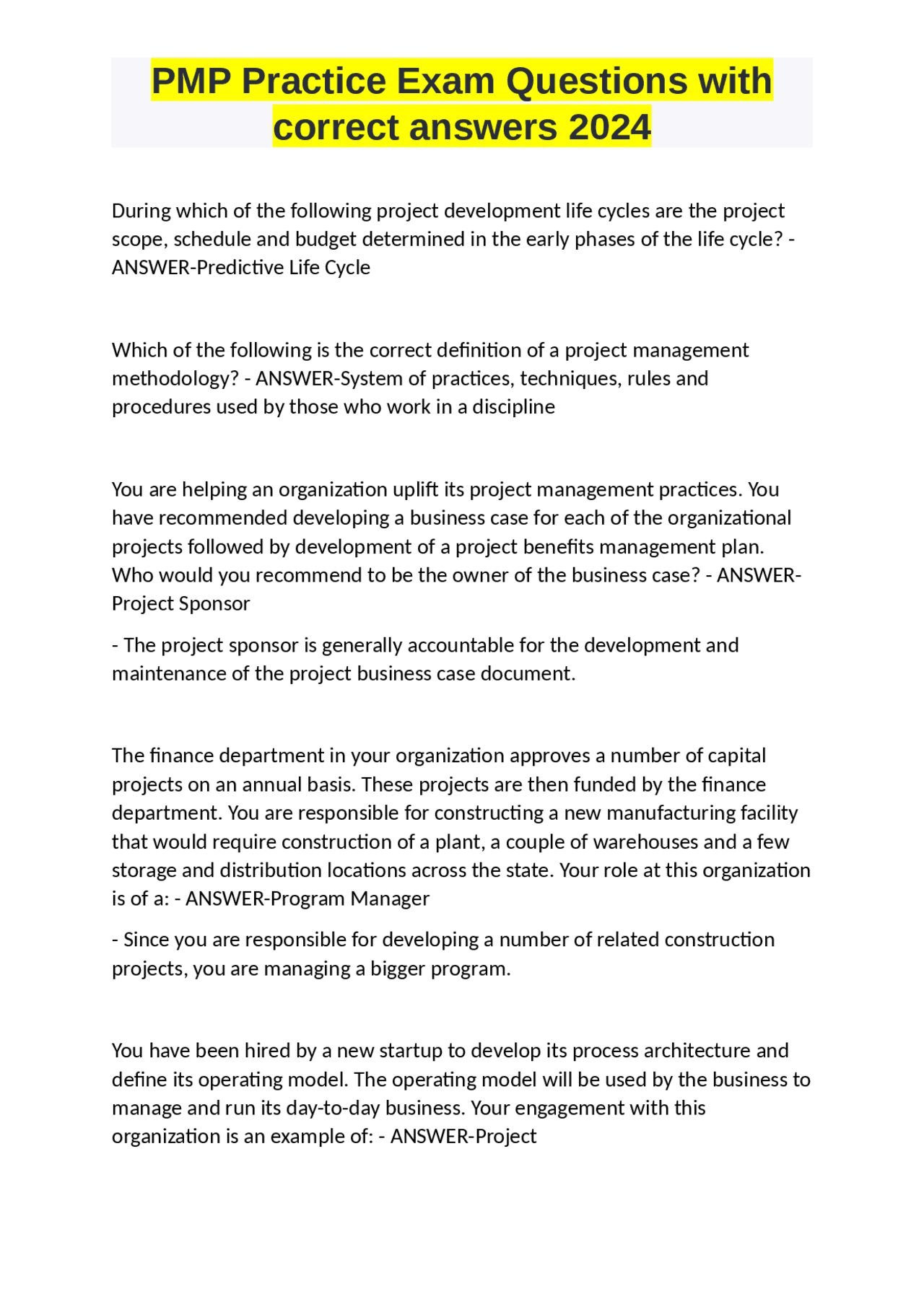 PMP Practice Exam Questions with correct answers 2024 | Exams Business Economics | Docsity