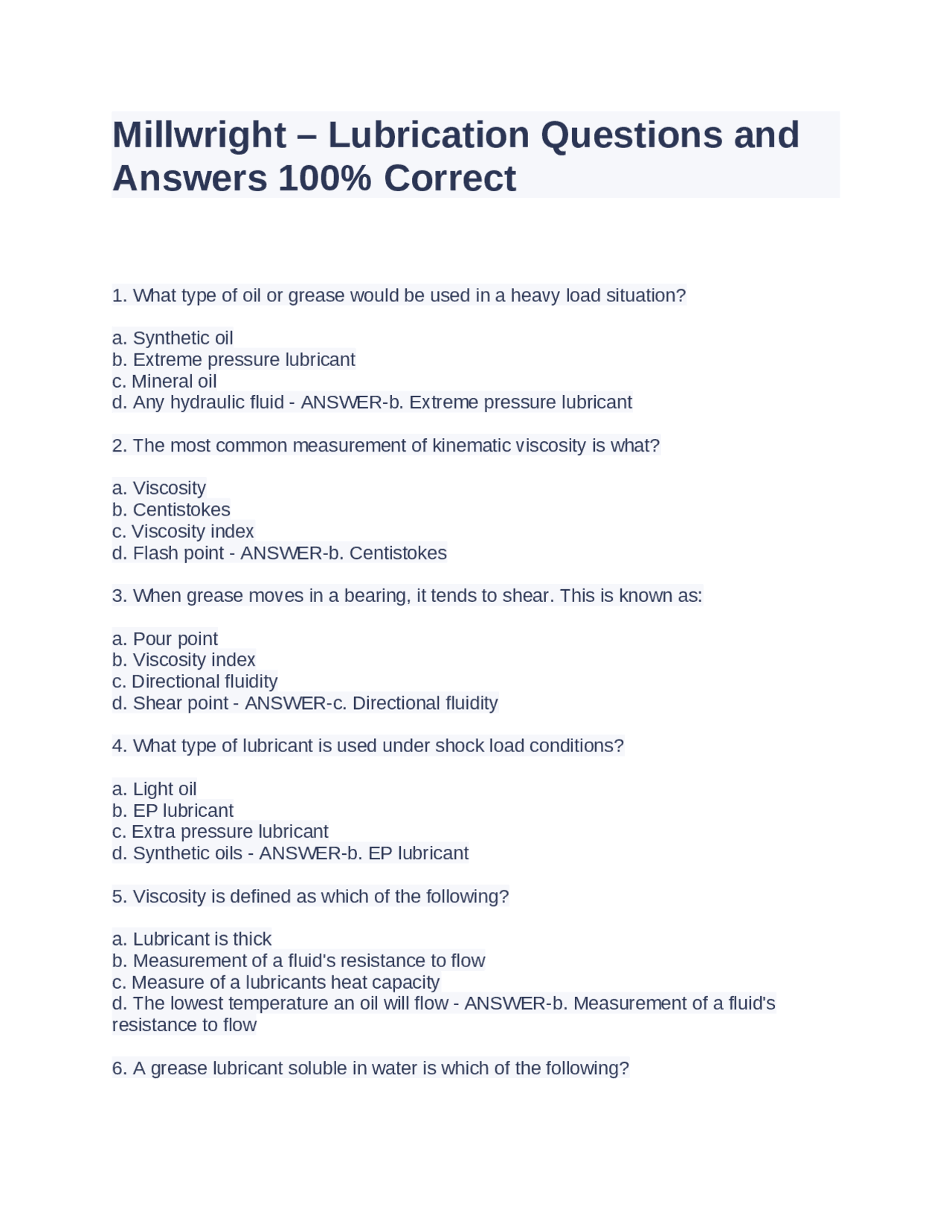 Millwright – Lubrication Questions and Answers 100% Correct | Exams ...