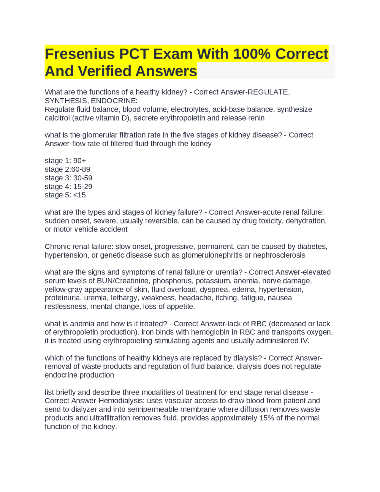 Fresenius PCT Exam With 100% Correct And Verified Answers | Exams ...