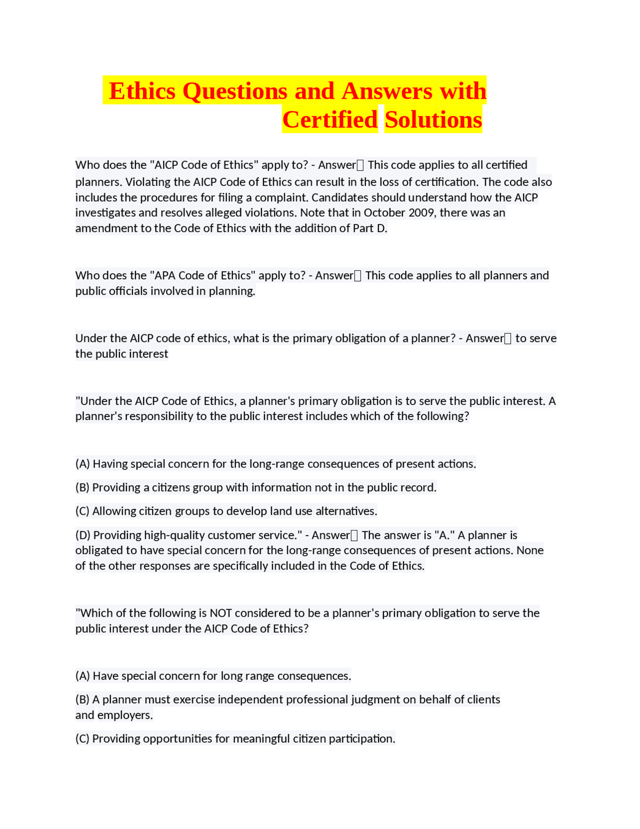 Ethics Questions and Answers with Certified Solutions | Exams Medical ...