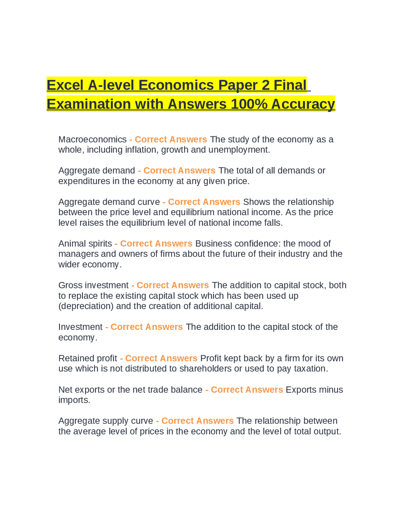 Excel A-level Economics Paper 2 Final Examination with Answers 100% ...