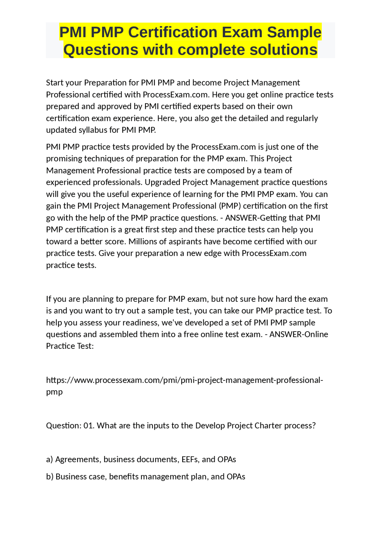 PMI PMP Certification Exam Sample Questions with complete solutions ...