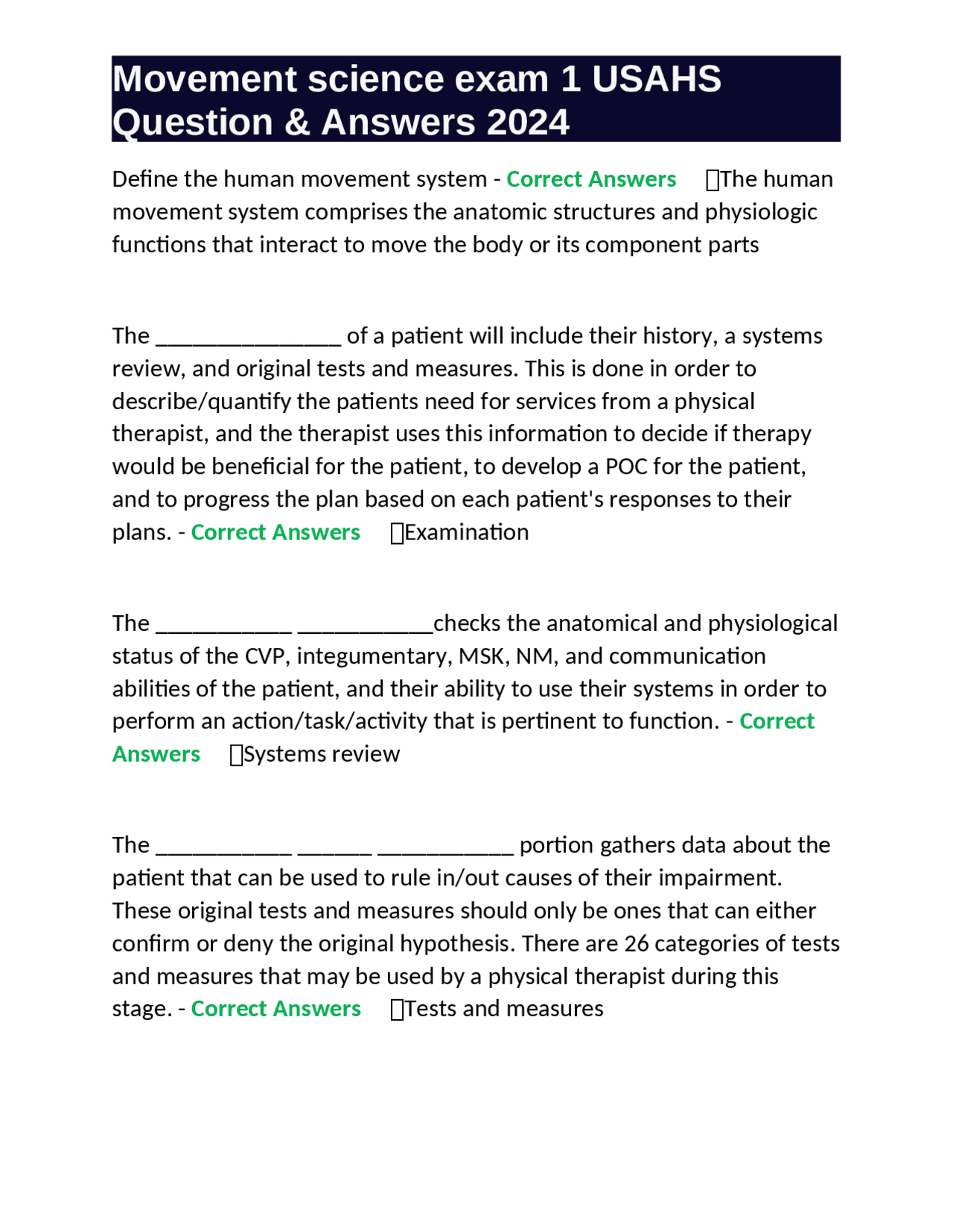 Movement science exam 1 USAHS Question & Answers 2024 | Exams Nursing ...