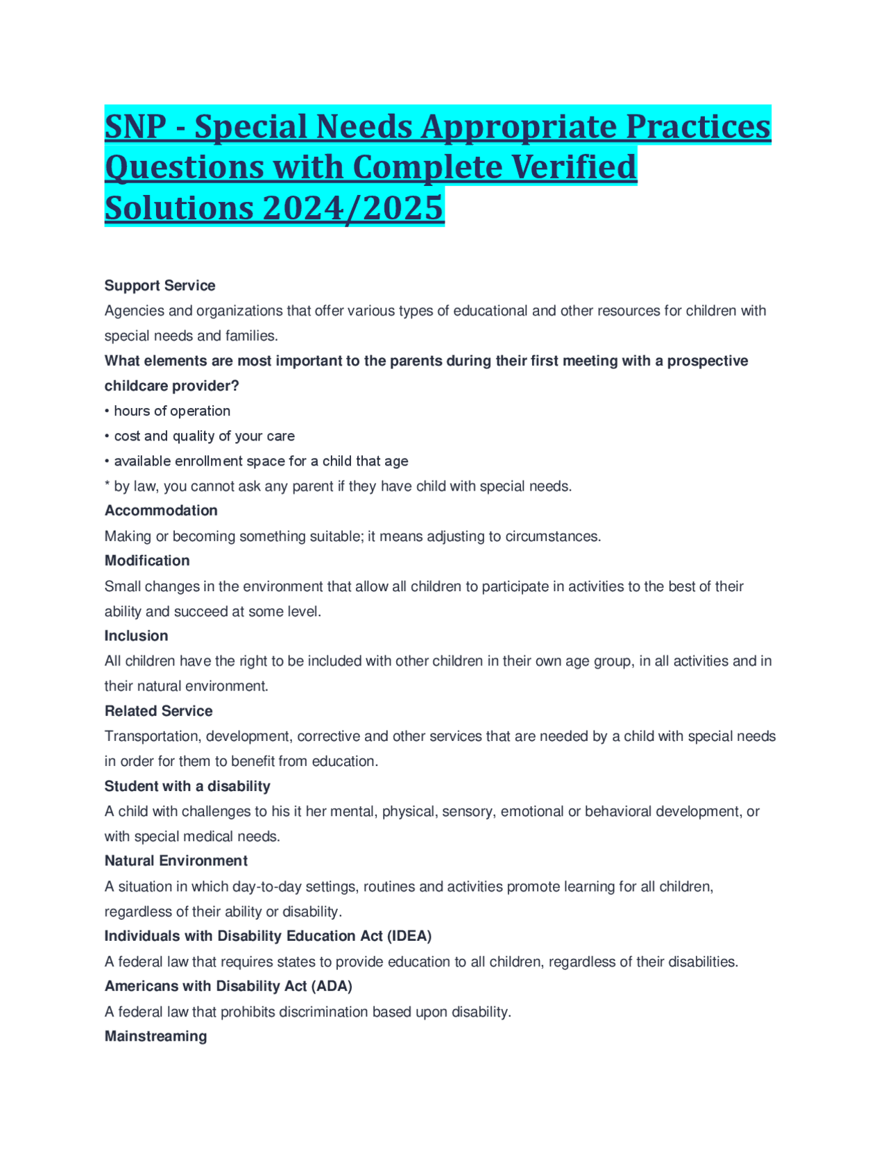 SNP - Special Needs Appropriate Practices Questions with Complete ...