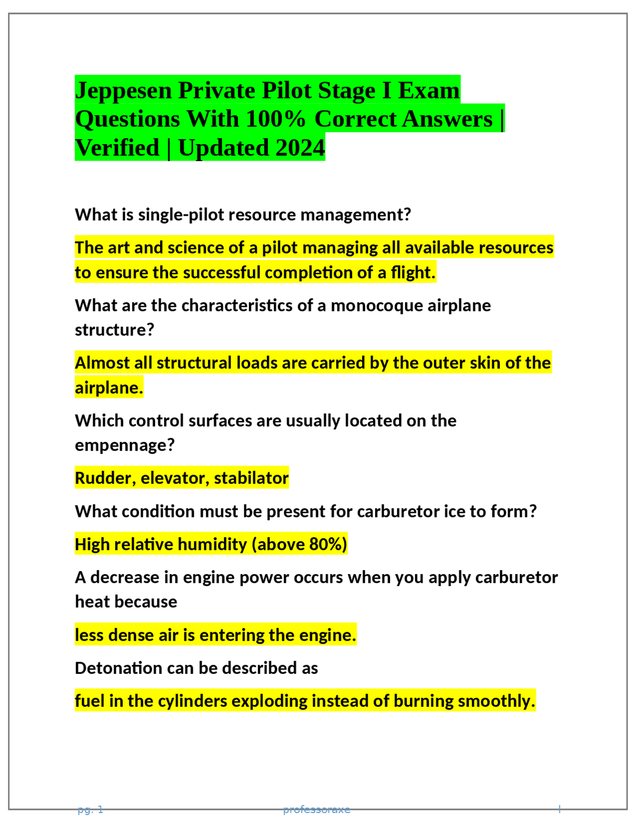 Jeppesen Private Pilot Stage I Exam Questions With 100% Correct Answers|Verified | Updated ...