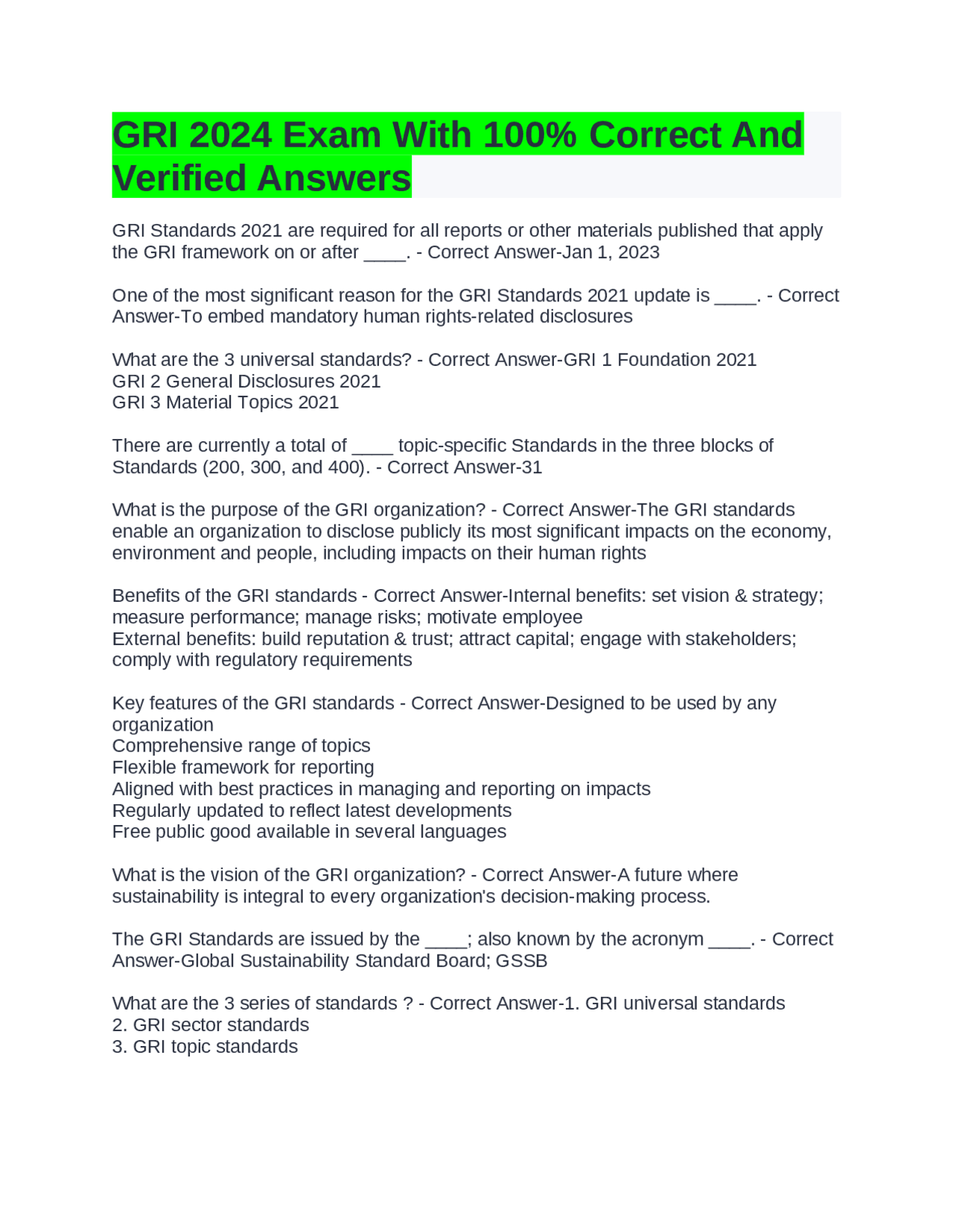 GRI 2024 Exam With 100% Correct And Verified Answers | Exams Advanced ...