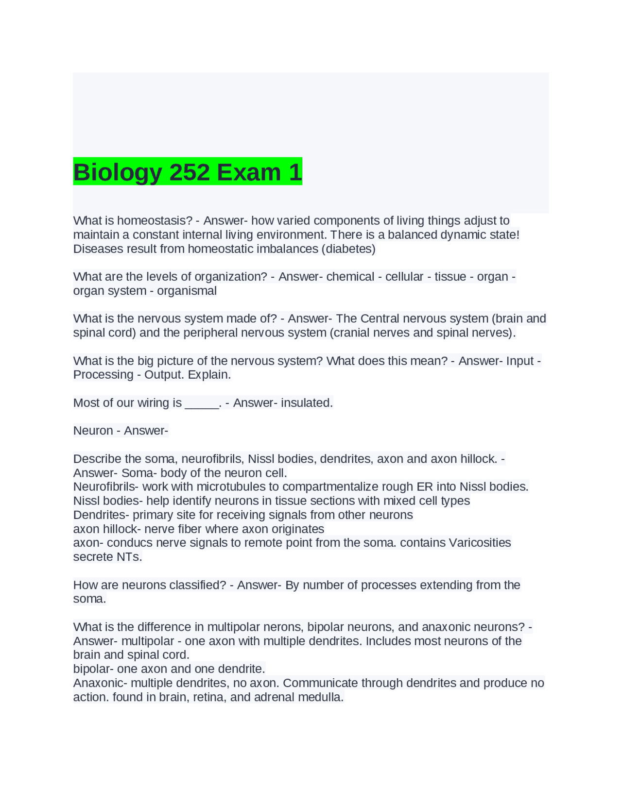 Biology 252 Exam 1 with complete solutions | Exams Nursing | Docsity