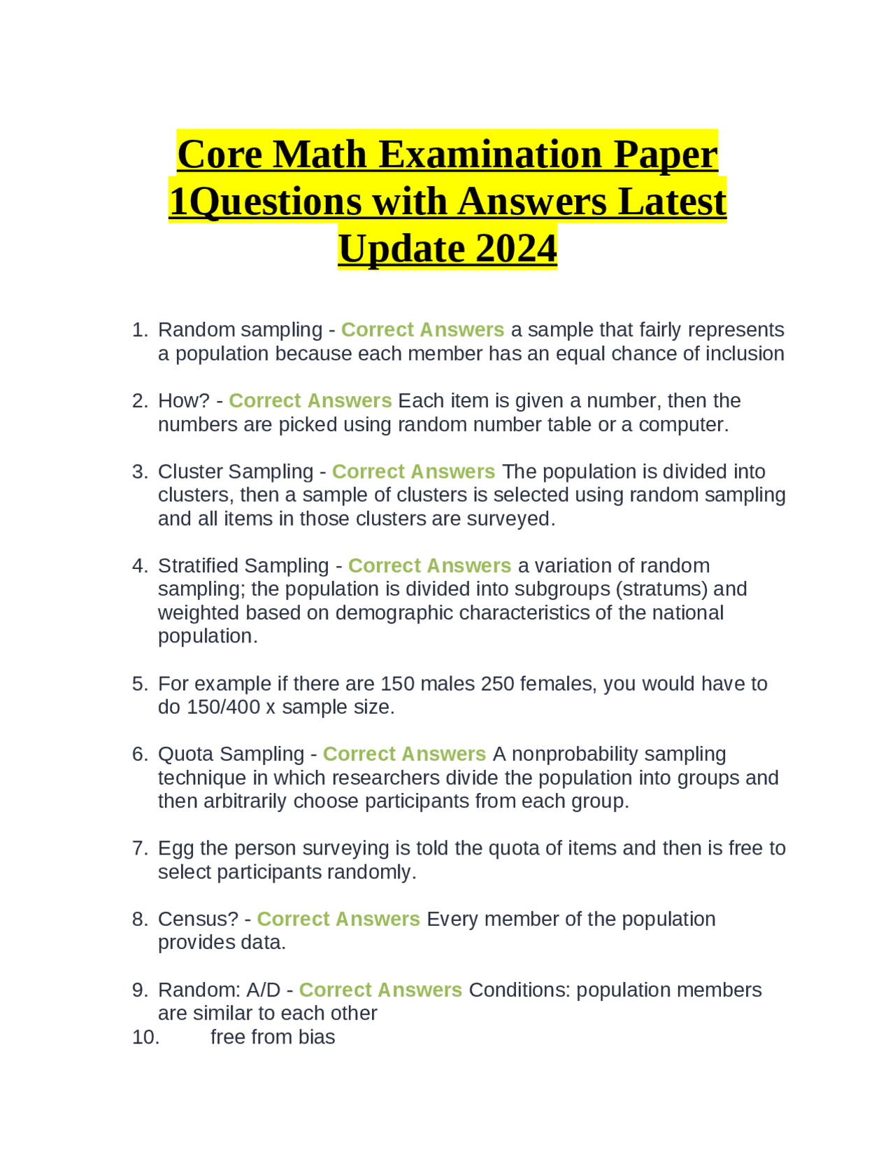 Core Math Examination Paper 1Questions with Answers Latest Update 2024 ...