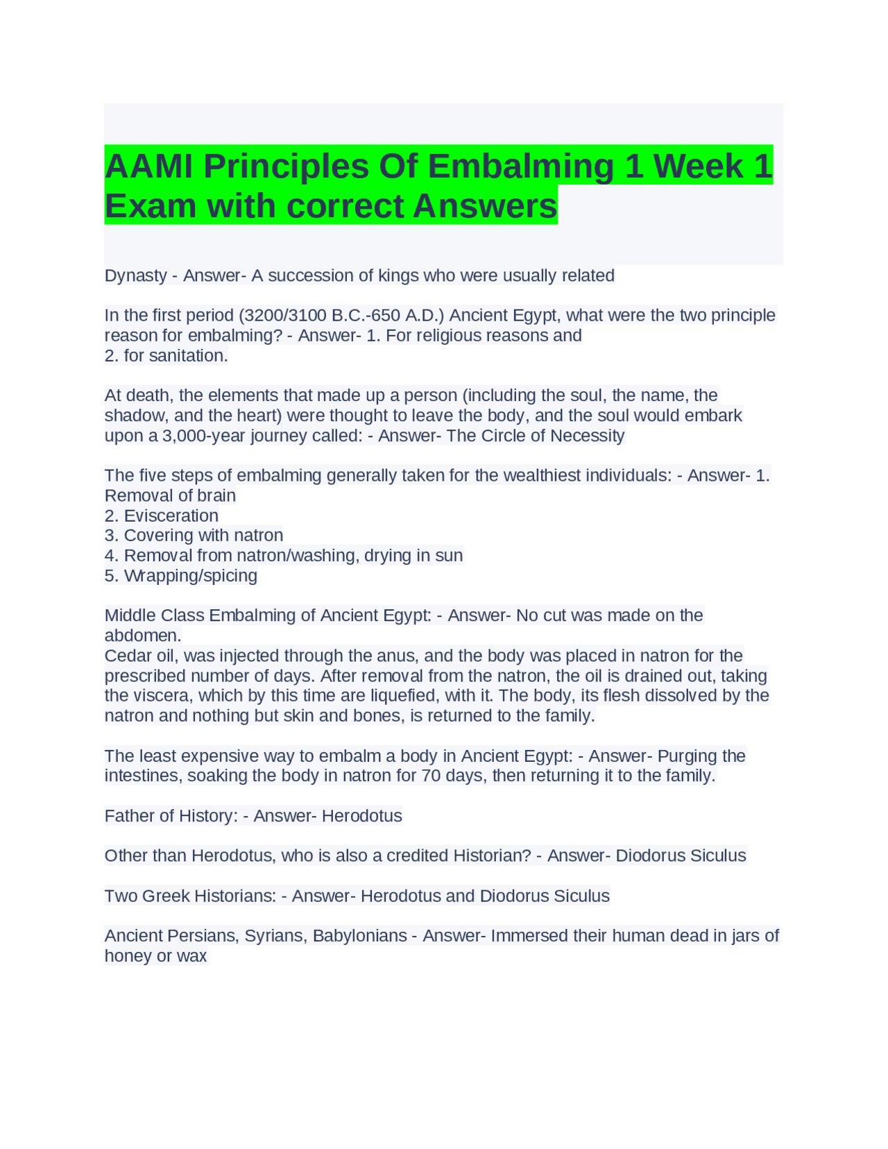 AAMI Principles Of Embalming 1 Week 1 Exam with correct Answers | Exams ...