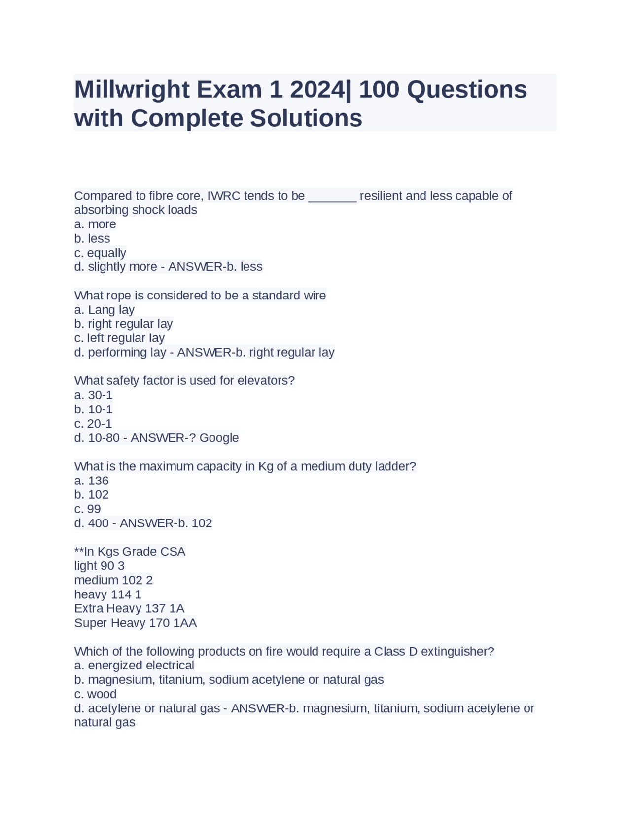 Millwright Exam 1 2024| 100 Questions with Complete Solutions | Exams ...