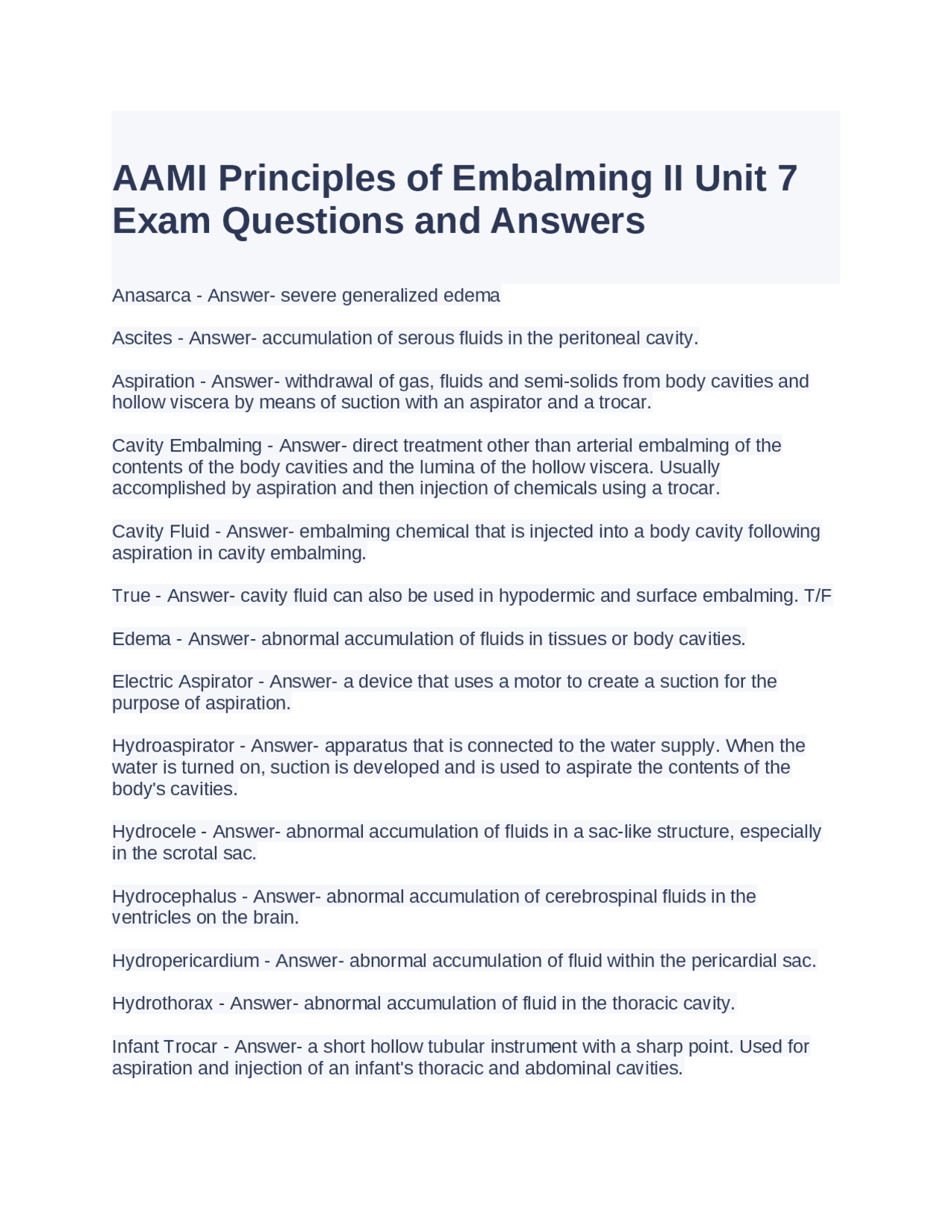 AAMI Principles of Embalming II Unit 7 Exam Questions and Answers ...