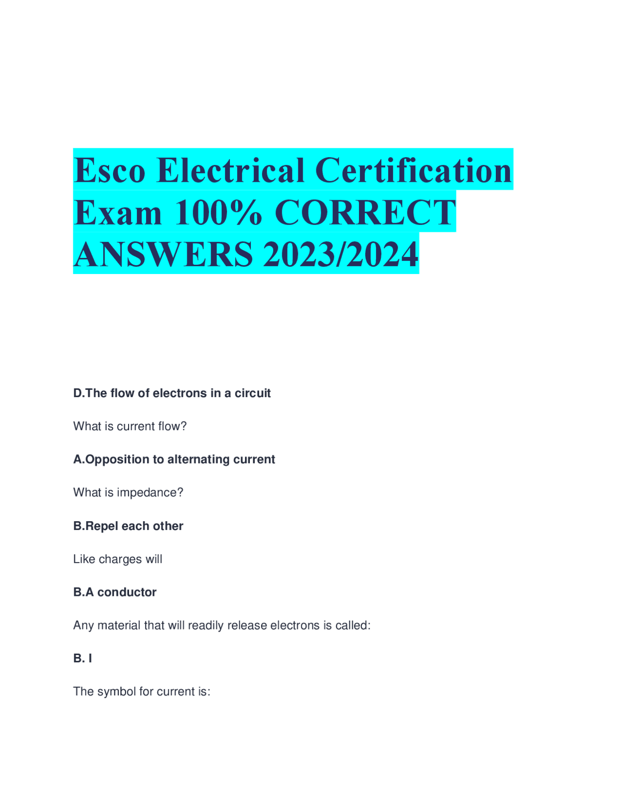 Esco Electrical Certification Exam 100% CORRECT ANSWERS 2023/2024 ...