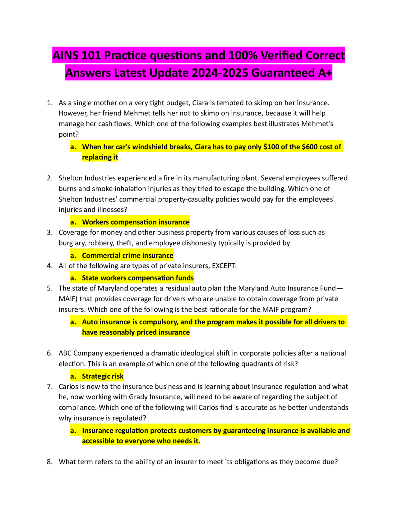 AINS 101 Practice questions and 100% Verified Correct Answers Latest ...