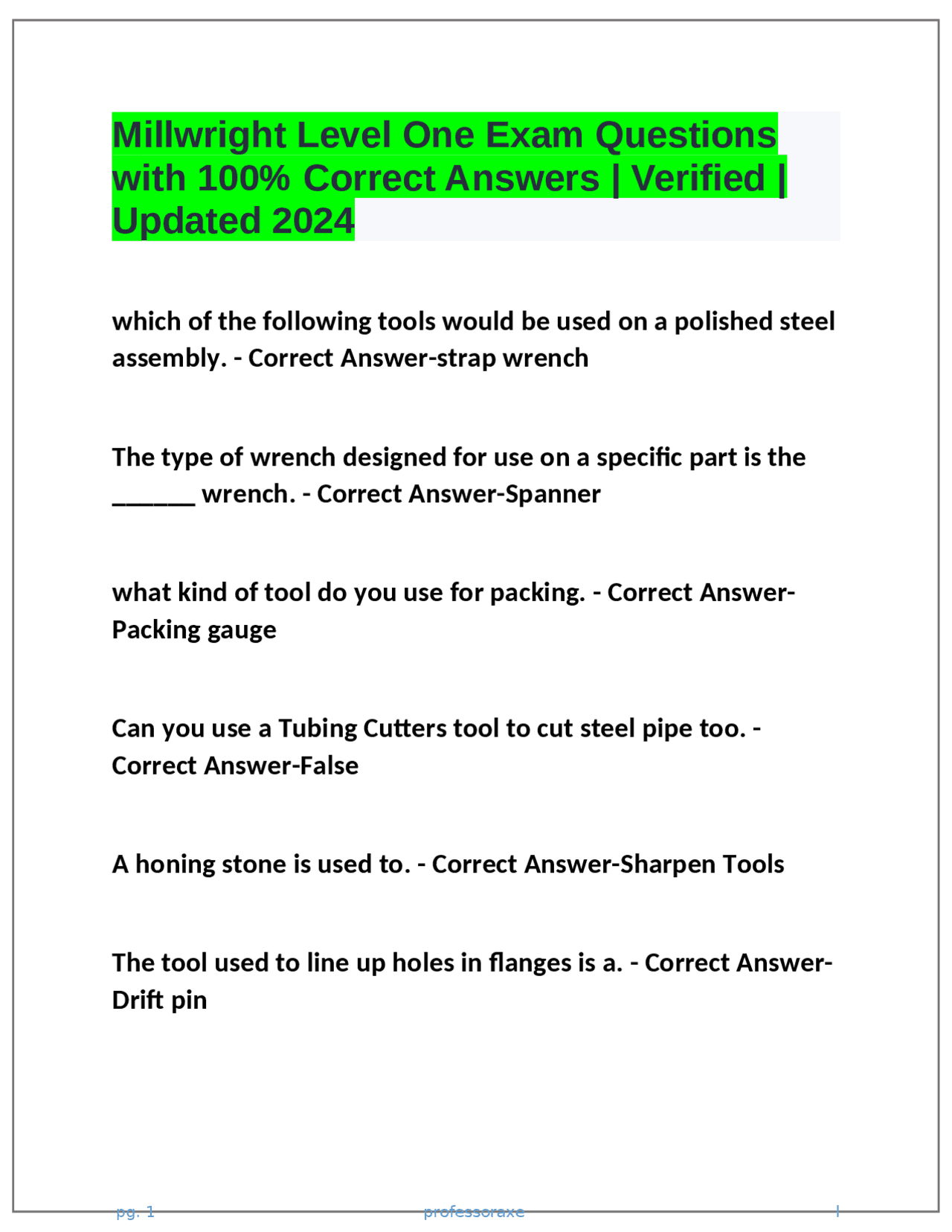 Millwright Level One Exam Questions with 100% Correct Answers ...