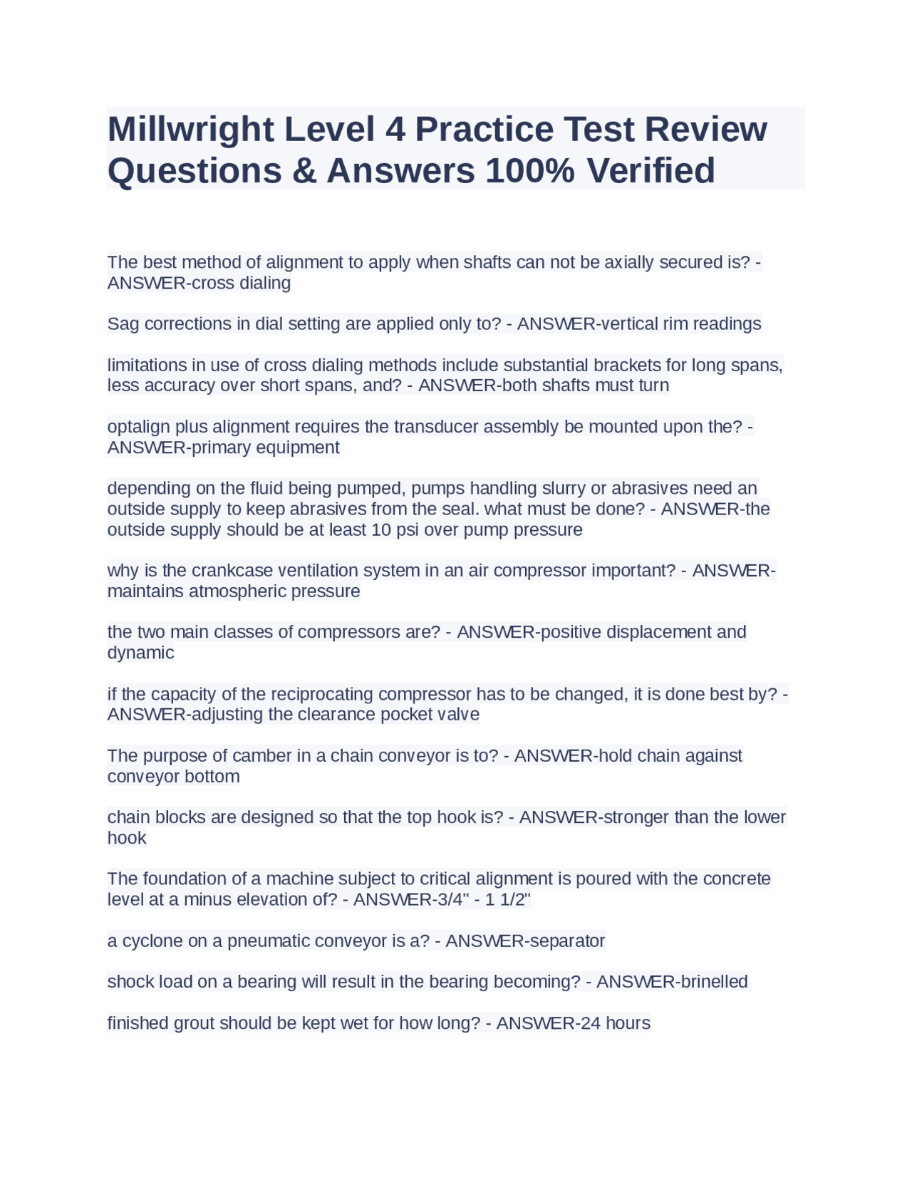 Millwright Level 4 Practice Test Review Questions & Answers 100% ...