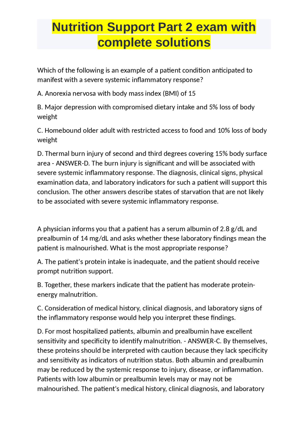 Nutrition Support Part 2 exam with complete solutions | Exams Nutrition ...