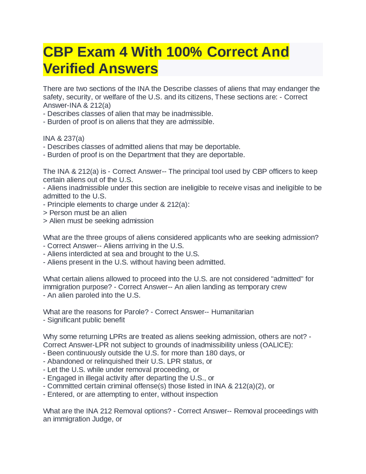 CBP Exam 4 With 100% Correct And Verified Answers | Exams Advanced Education | Docsity