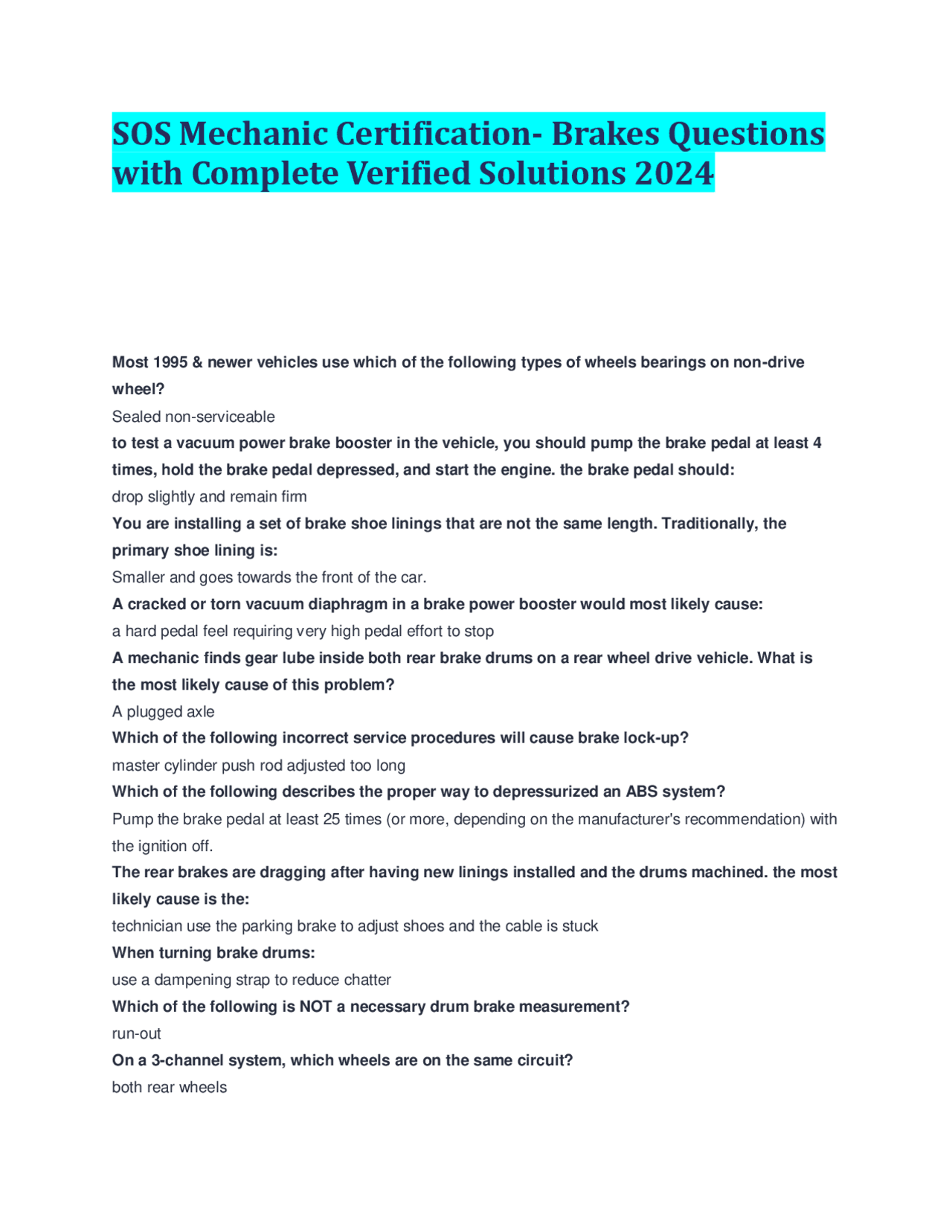 SOS Mechanic Certification- Brakes Questions with Complete Verified ...