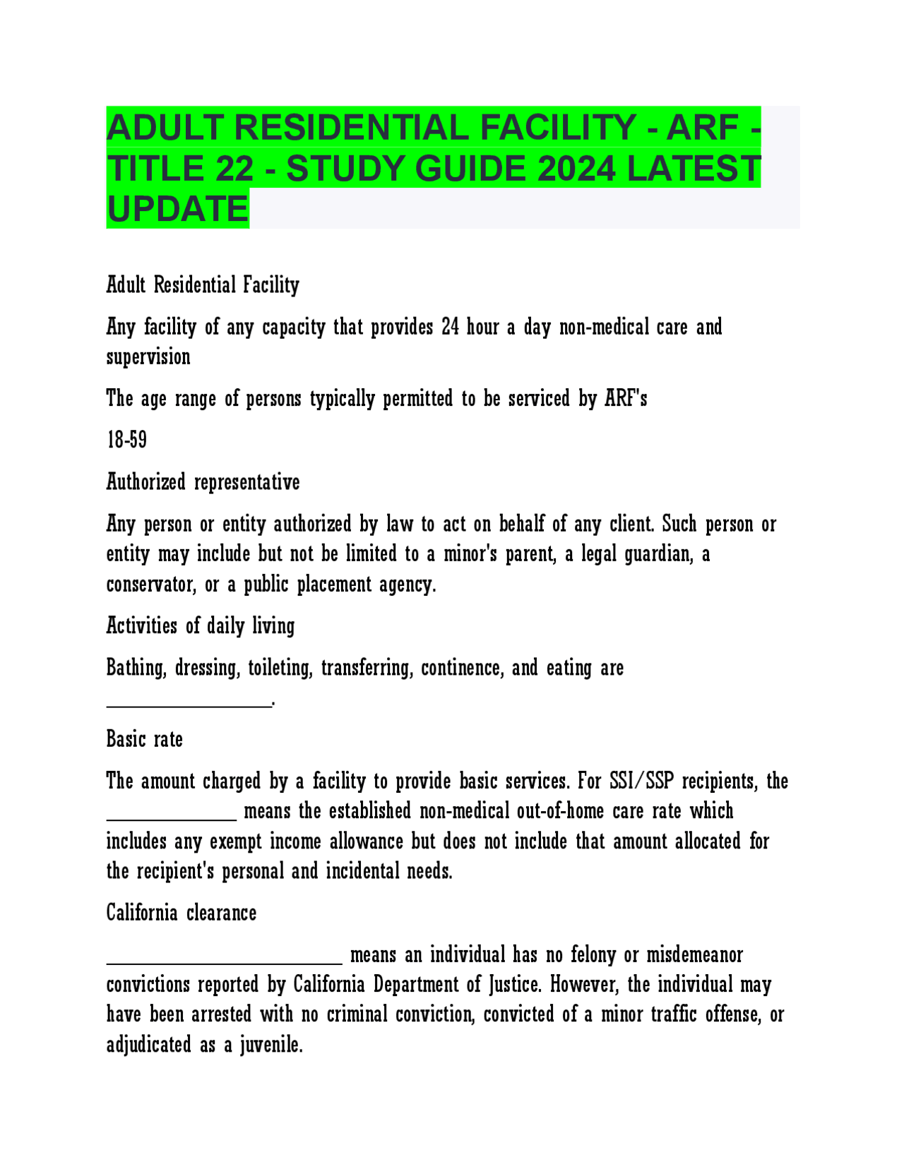 ADULT RESIDENTIAL FACILITY - ARF - TITLE 22 - STUDY GUIDE WITH 100% ...