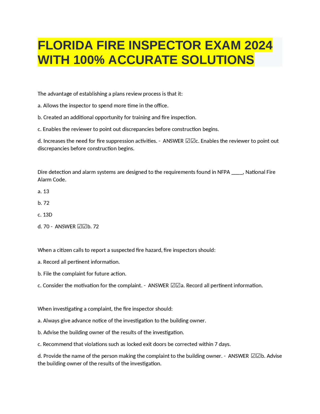 FLORIDA FIRE INSPECTOR EXAM 2024 WITH 100% ACCURATE SOLUTIONS | Exams ...