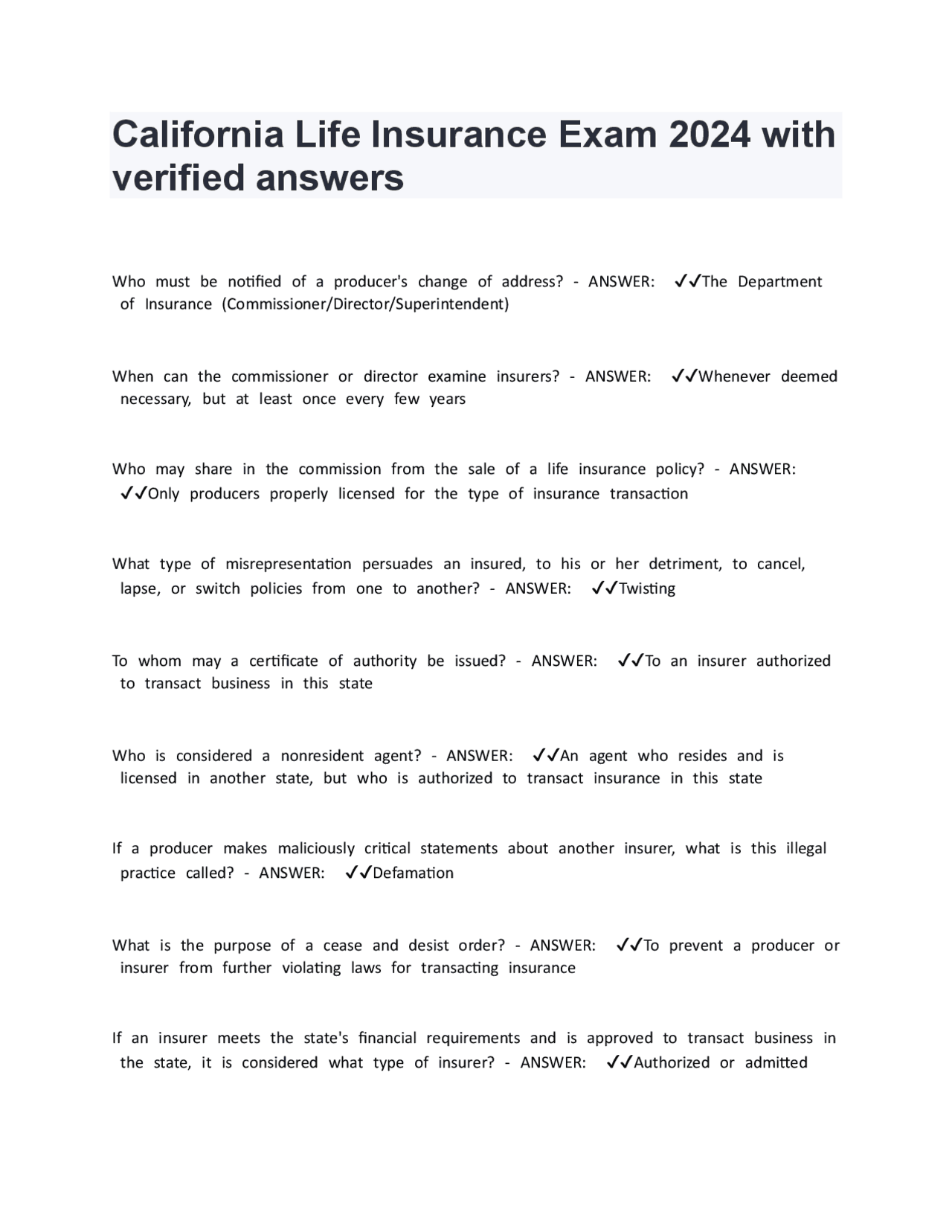 California Life Insurance Exam 2024 with verified answers. | Exams ...